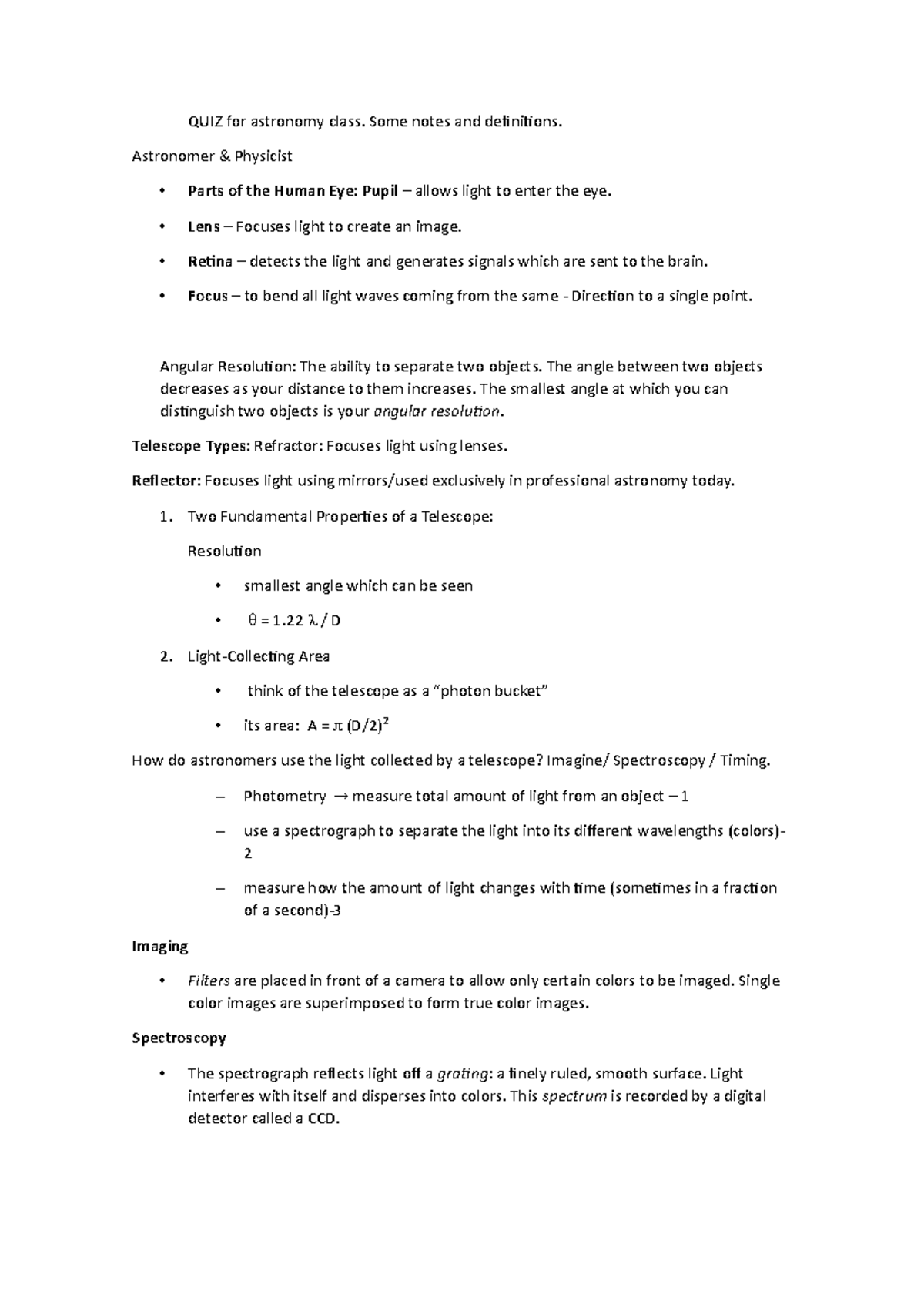 ASTR 101: Quiz Notes on Telescopes and Light Detection - Studocu