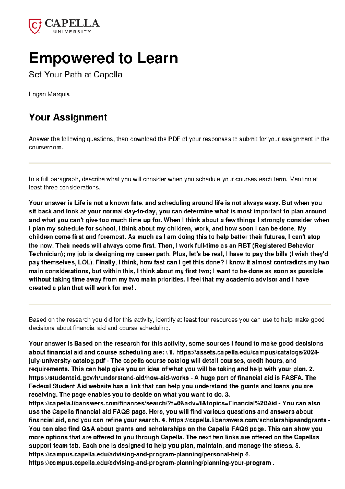 Capella U EDUC 101 Wk 7 Assignment: Course Scheduling Considerations ...