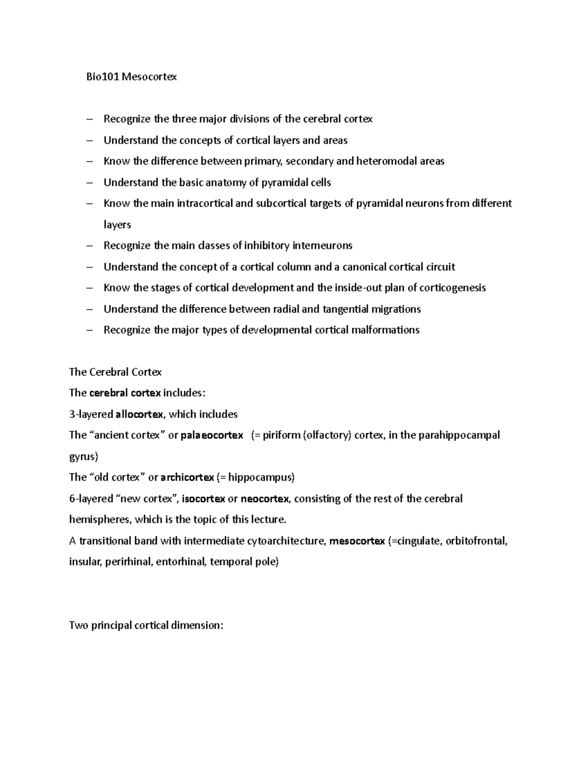 Bio101 Mesocortex - Bio101 Mesocortex Recognize the three major ...