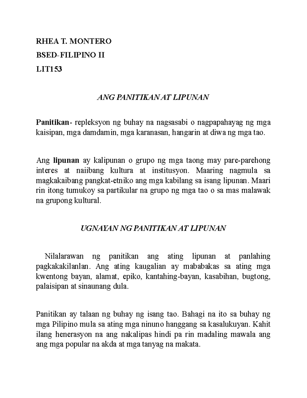 Ang Panitikan at Lipunan: Isang Pagsusuri ng Kultura (BSED-FILIPINO II ...