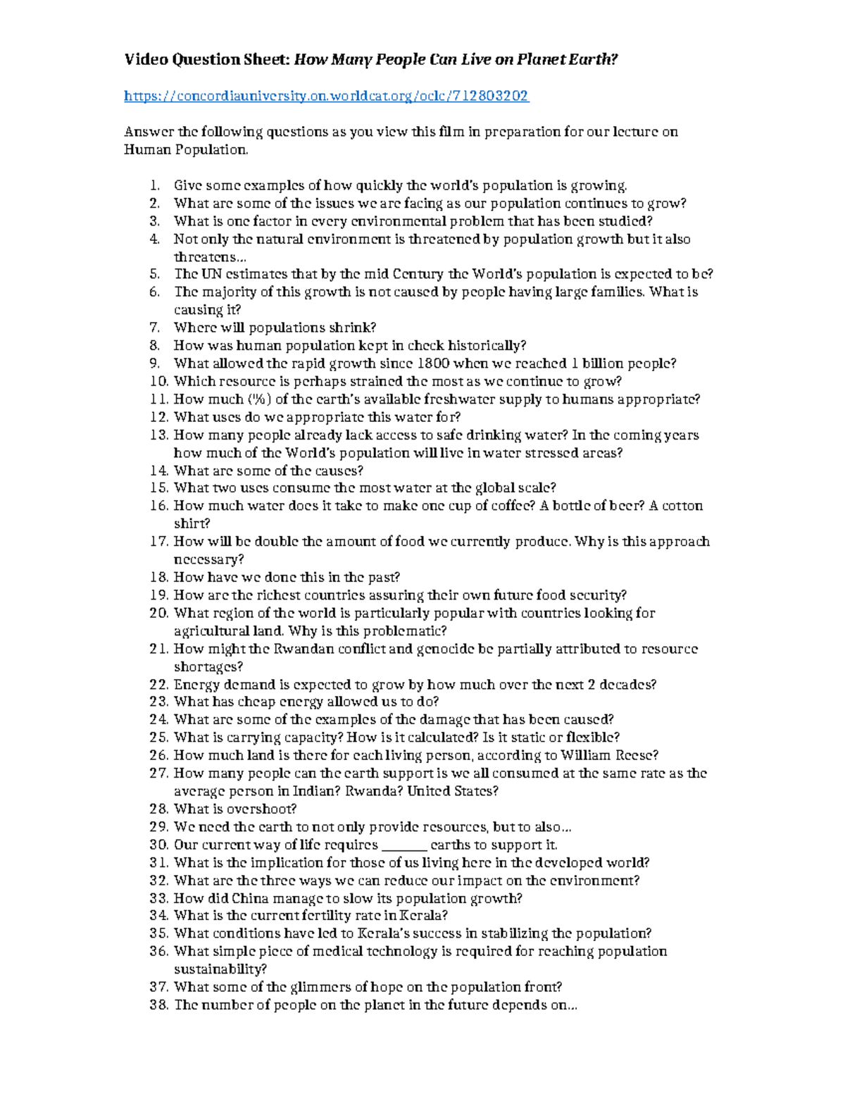Video Question Sheet: Human Population Growth Insights - Studocu