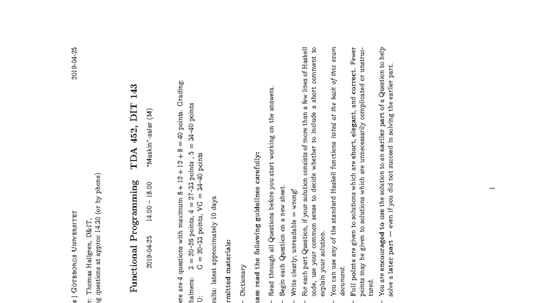 TDA 452 Functional Programming Exam Solutions - Haskell Exercises - Studocu