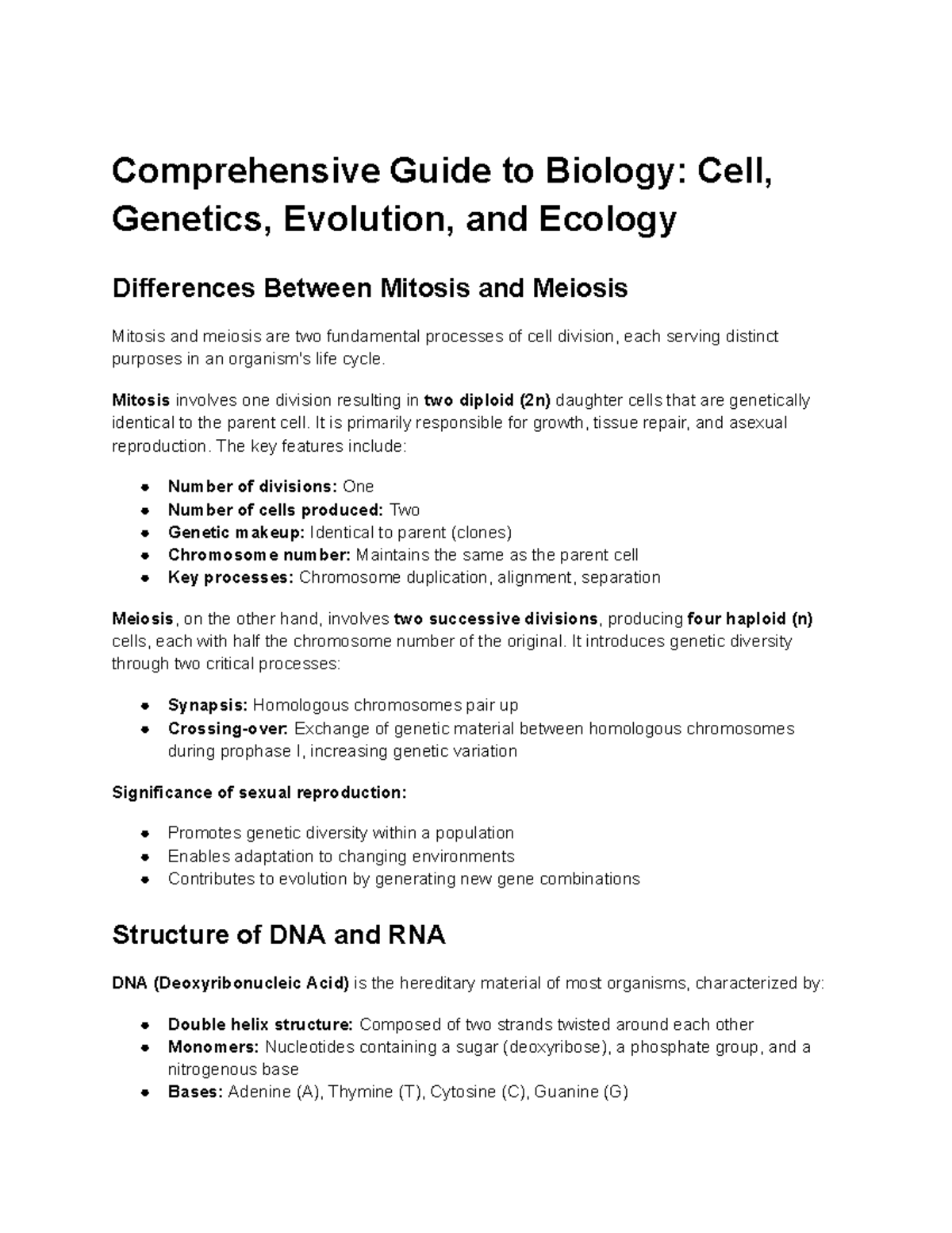 Comprehensive Study Guide for Biology: Cell Division, Genetics ...