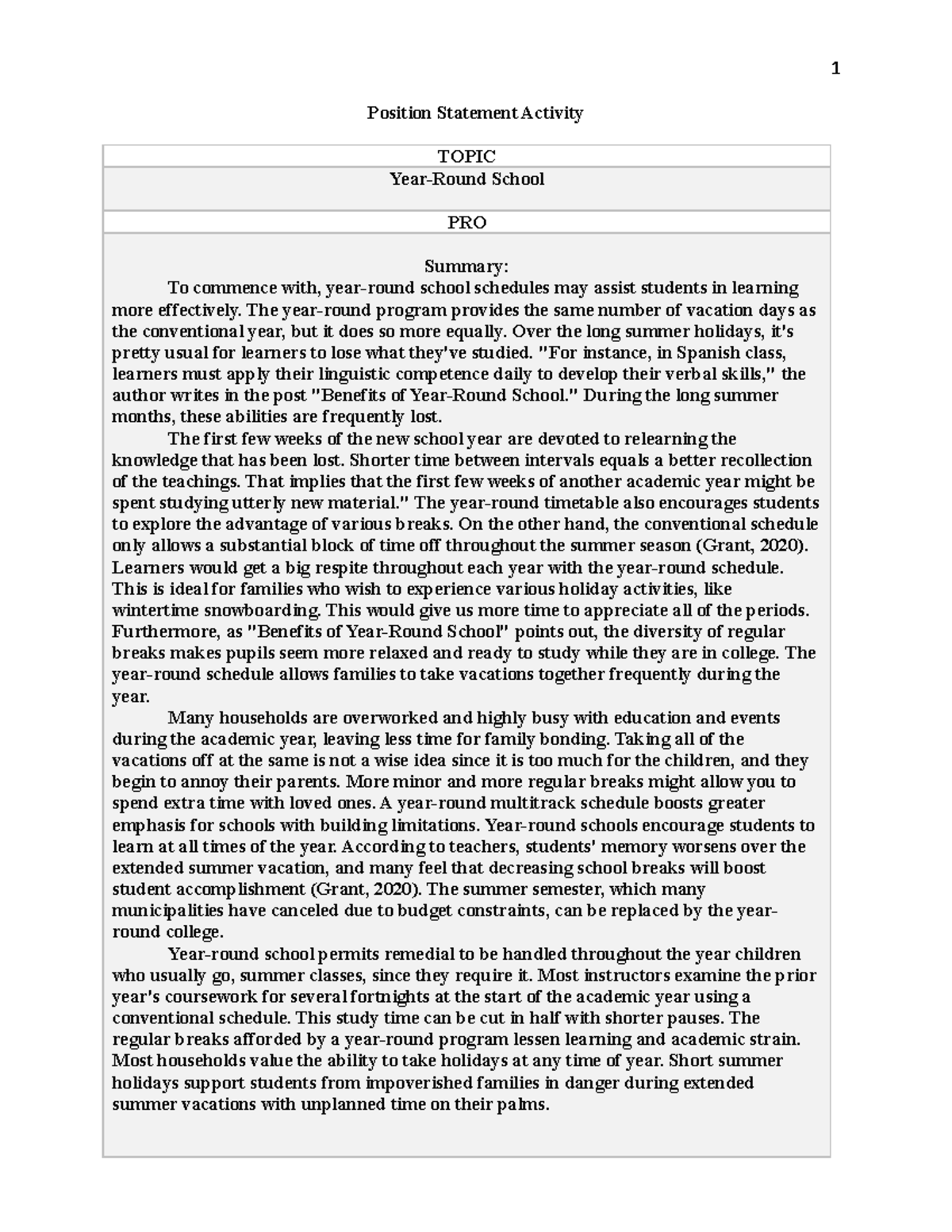 Position Statement Activity Assignment - 1 Position Statement Activity ...