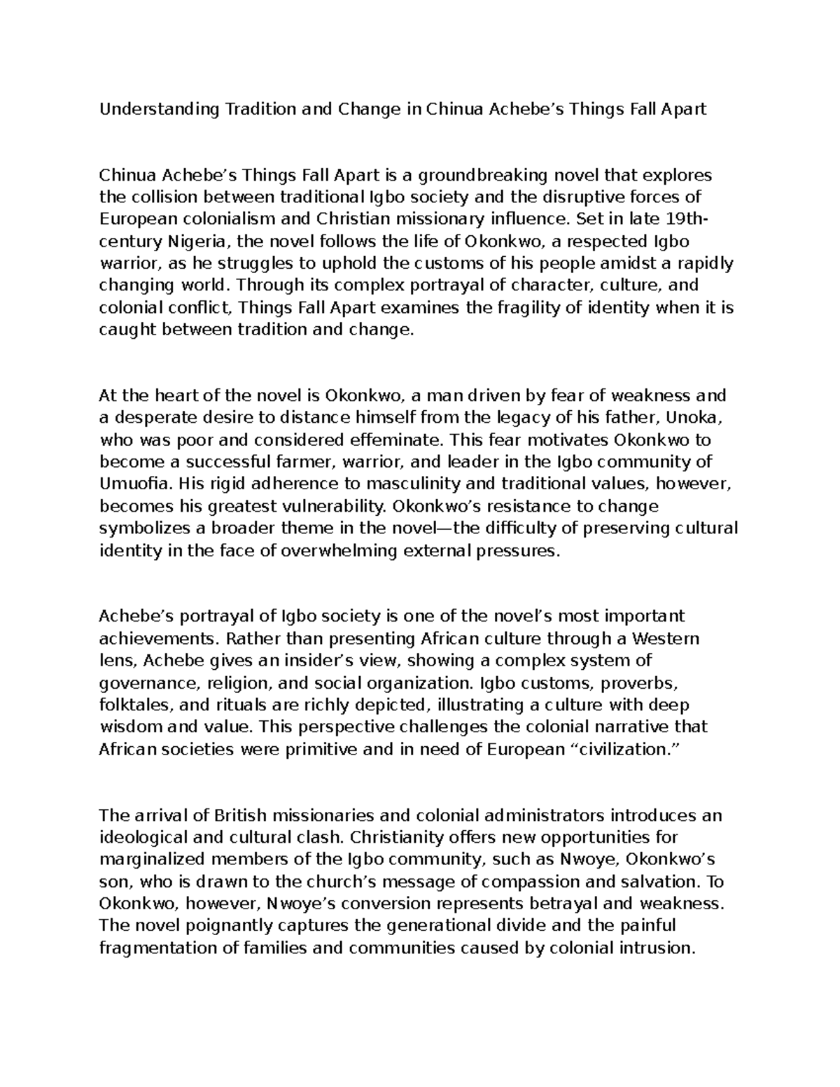 Chinua Achebe's Things Fall Apart: Tradition vs. Change Analysis - Studocu