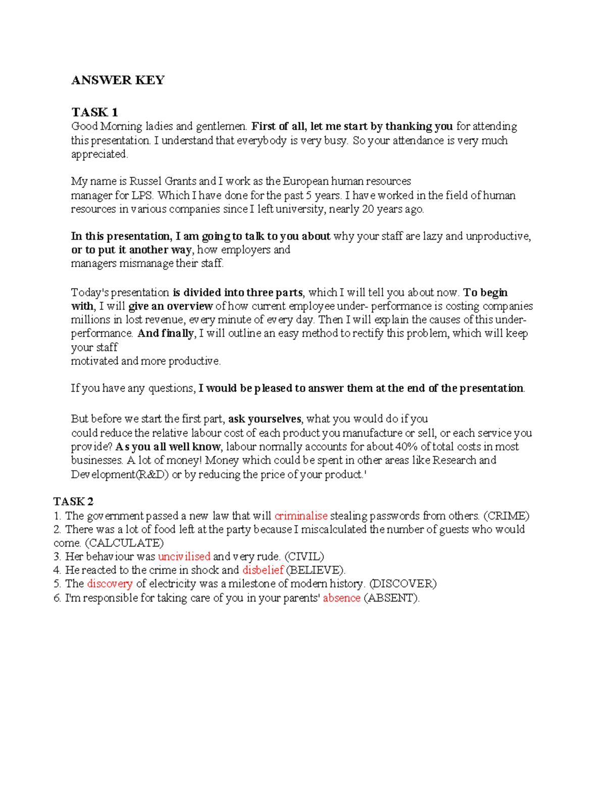 Answer Key for Task 1 & 2 - Intermediate-1-2 - Studocu