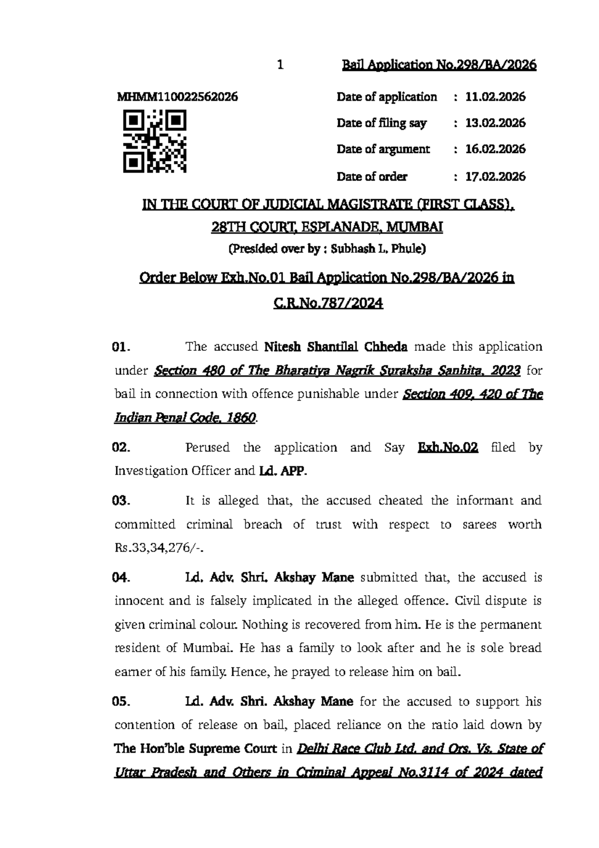Bail Application MHMM110022562026: Order and Arguments Summary - Studocu