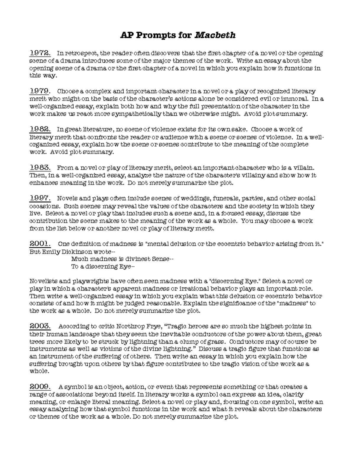 AP Literature Essay Prompts for Macbeth and Other Works (1972-2009 ...