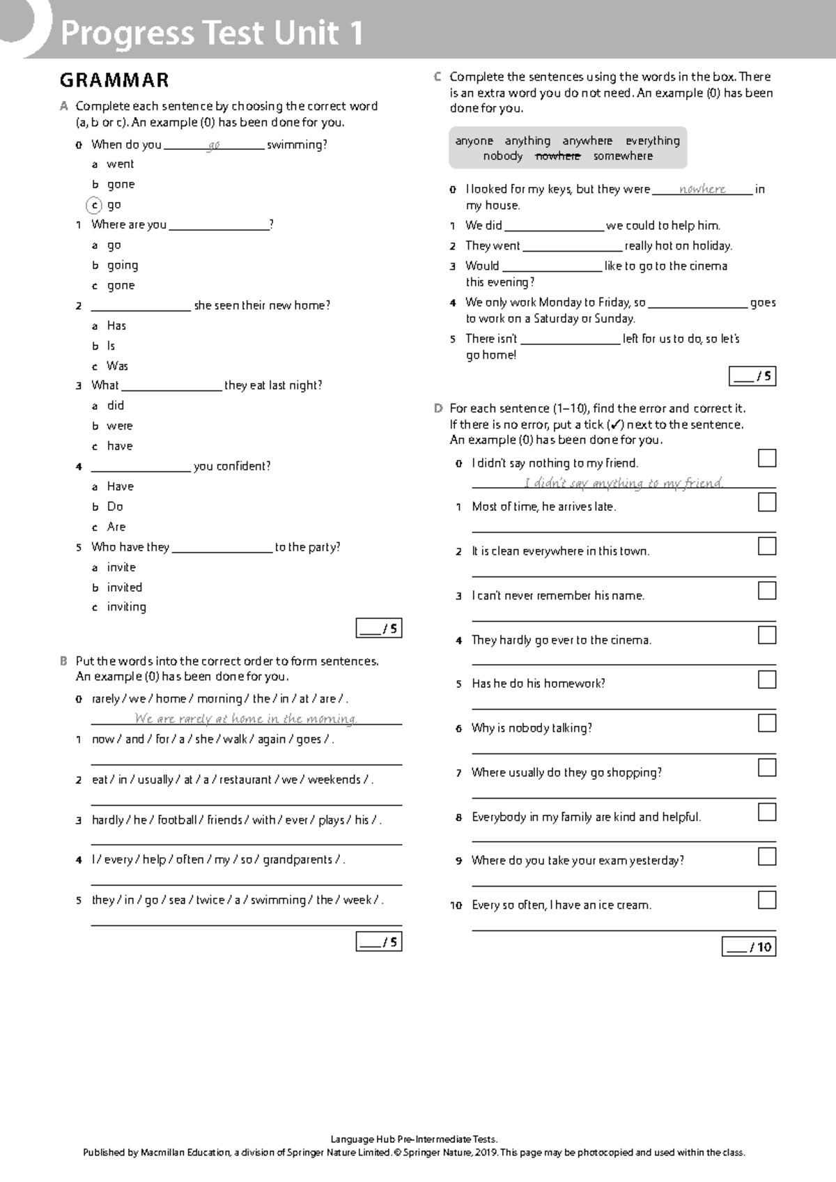 Language Hub Pre-Intermediate Progress Test Unit 1 - Studocu
