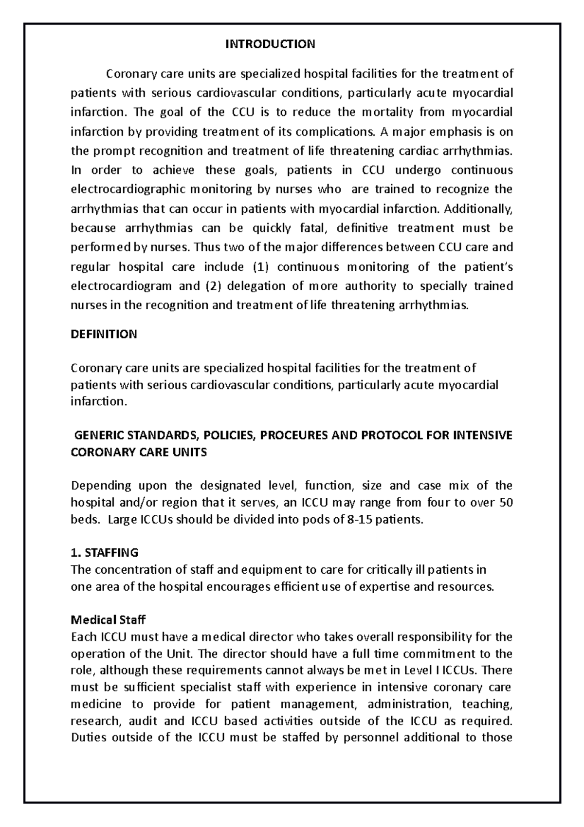 ICCU Standards and Policies for Intensive Coronary Care Units - Studocu