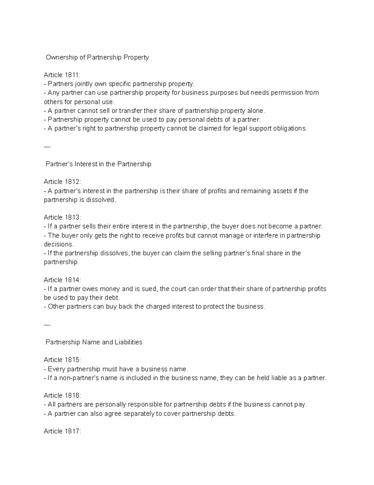 ART 1811-1827 - Notes - Ownership of Partnership Property Article 1811 ...