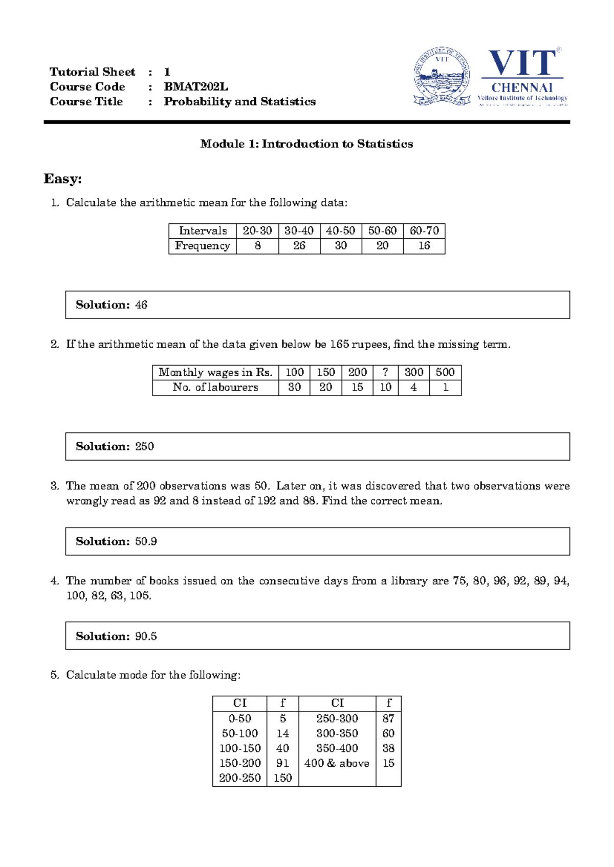 Tutorial sheet mod 1 - Tutorial Sheet : 1 Course Code : BMAT202L Course ...