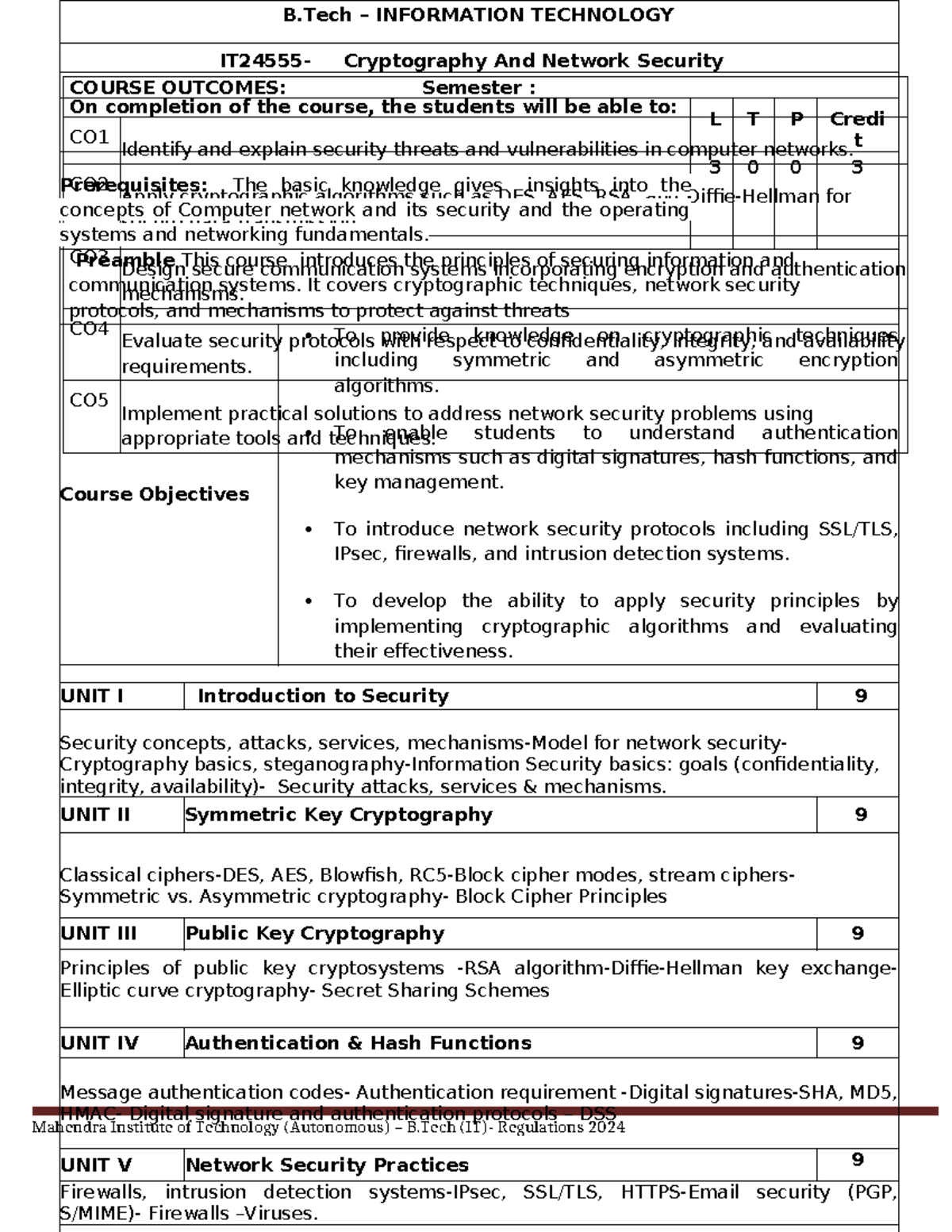 Cryptography & Network Security - B.Tech IT Course Outcomes - Studocu