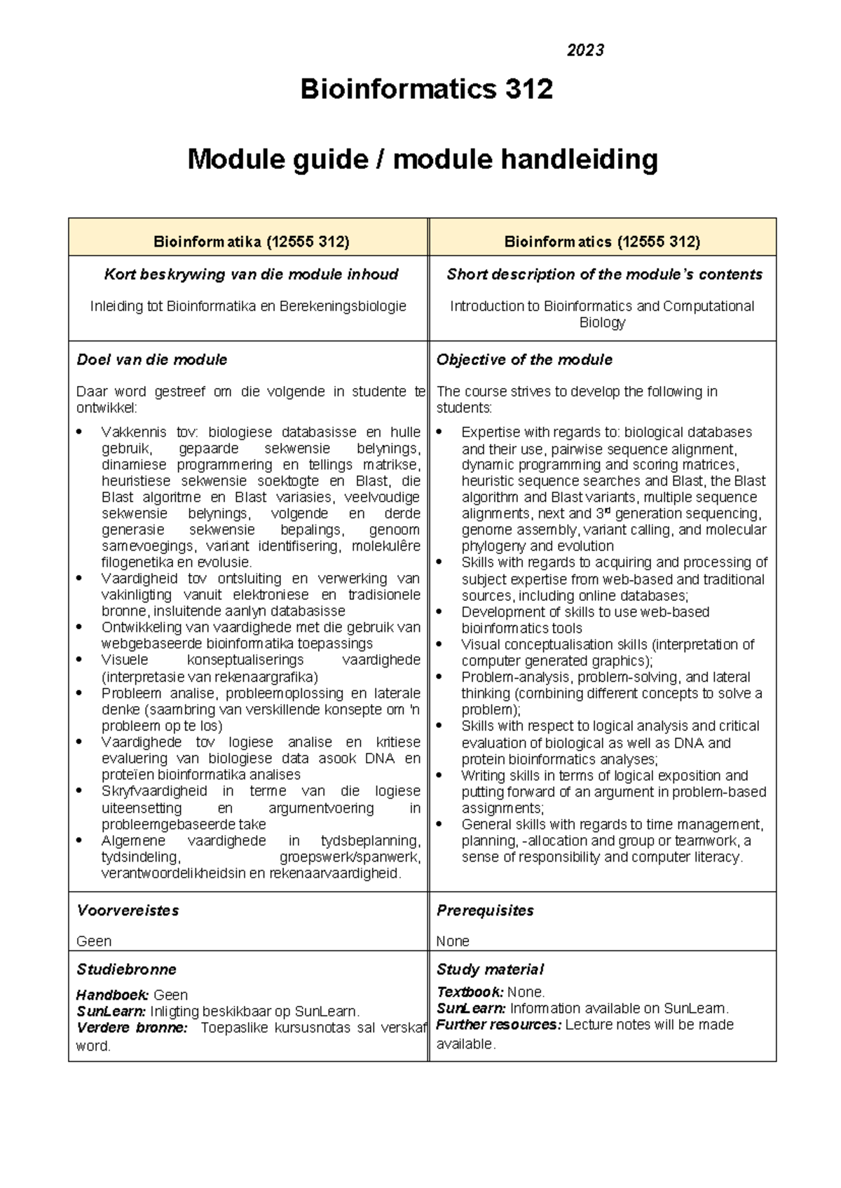 Bioinformatics 312 Study Guide: Module Overview and Objectives 2023 ...