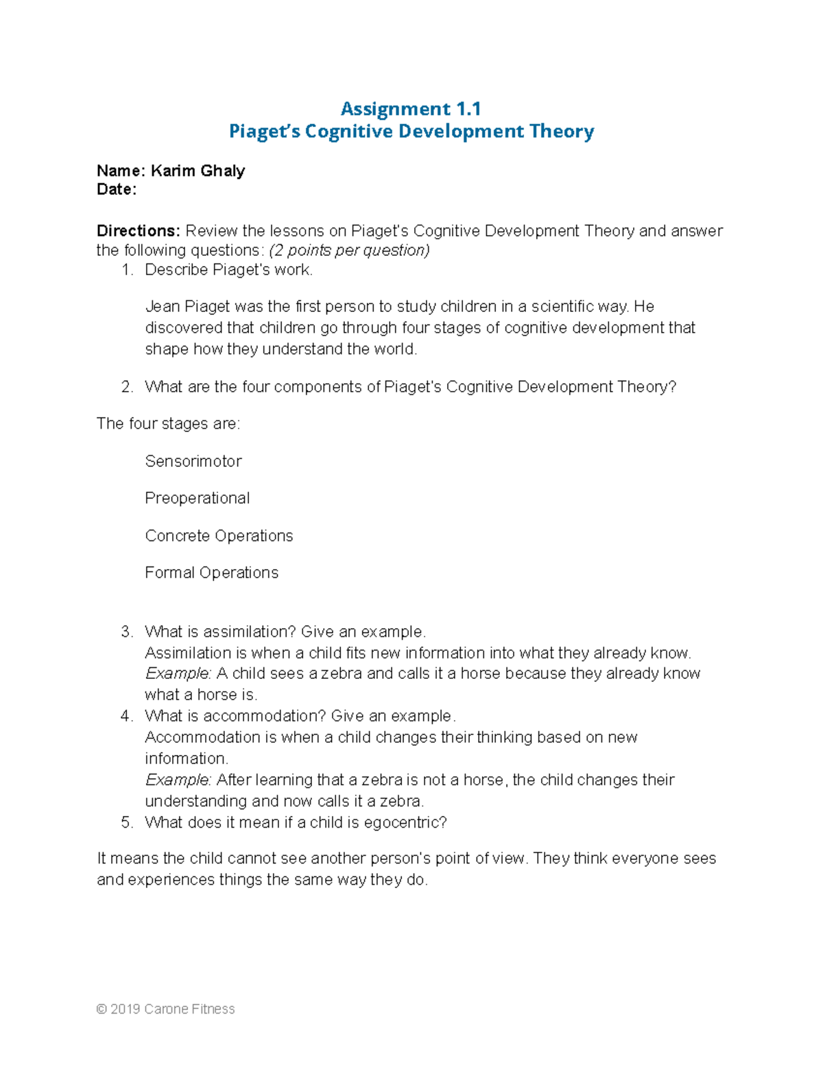 1.1 Assignment Piaget’s Cognitive Development Theory - Assignment 1 ...