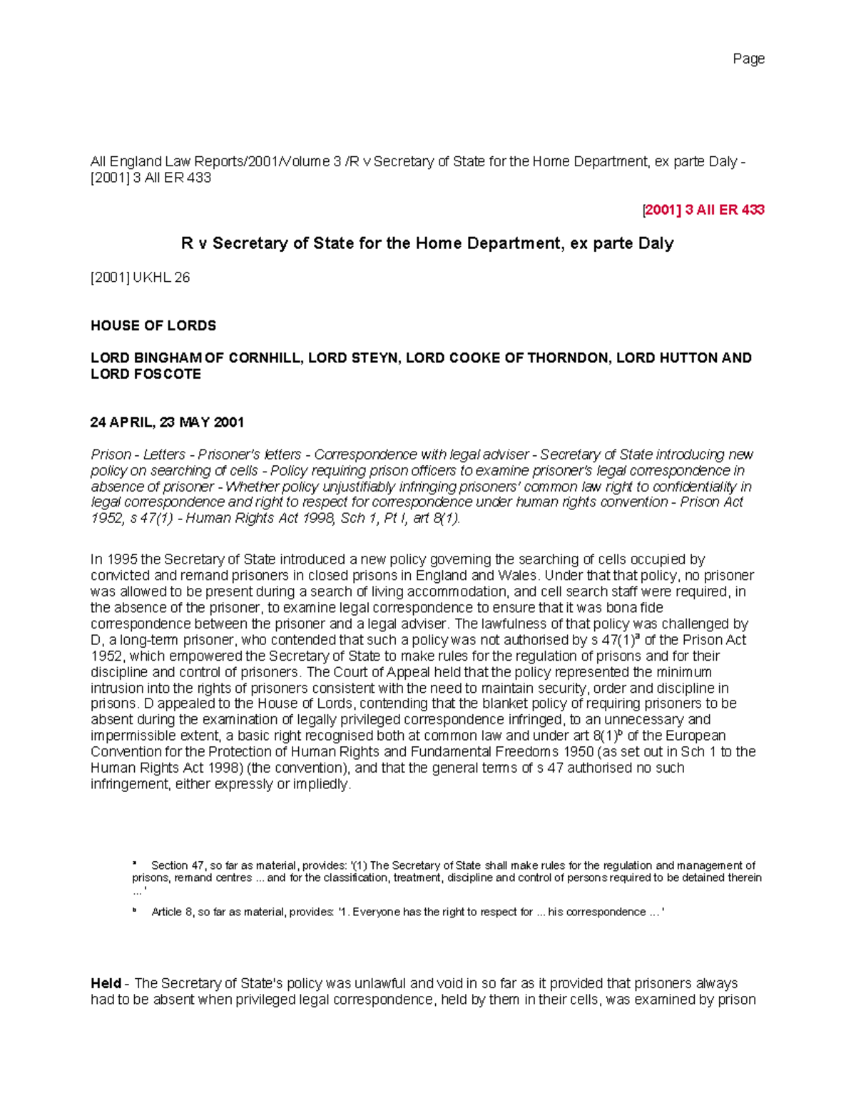 R (Daly) v SSHD [2001] 3 All ER 433: Legal Correspondence Rights in ...