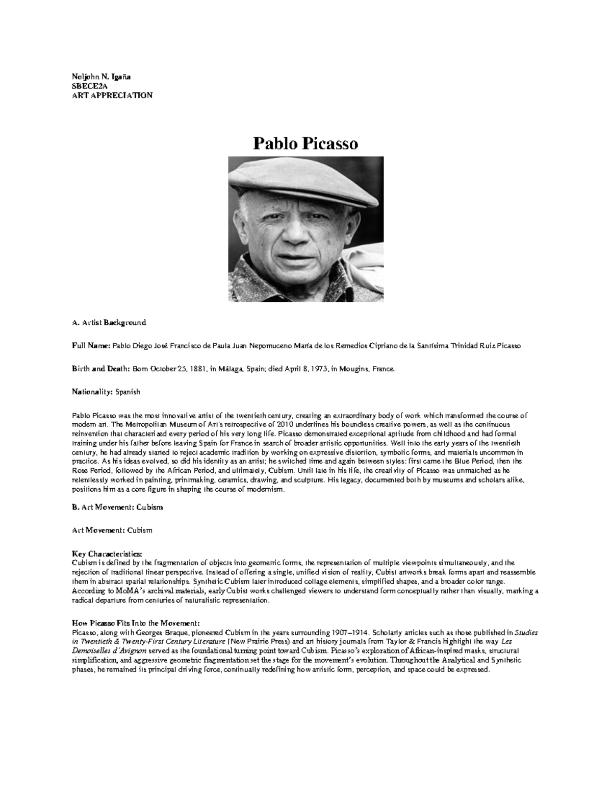 SBECE2A ART APPRECIATION: Pablo Picasso and Cubism Overview - Studocu
