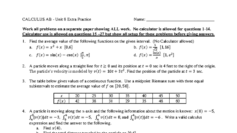 CALCULUS AB Unit 8 Extra Practice Problems and Solutions - Studocu