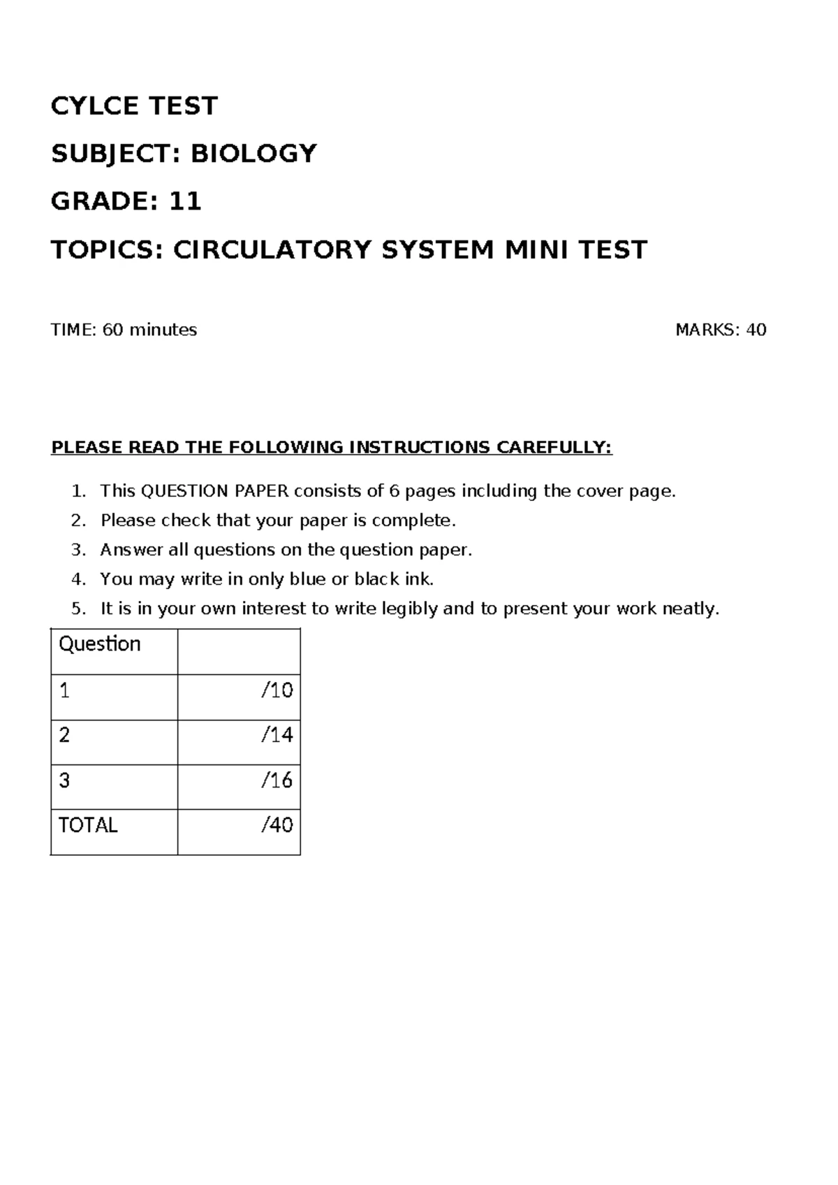 GR 11 BIOLOGY Circulatory System Mini Test Details - Studocu