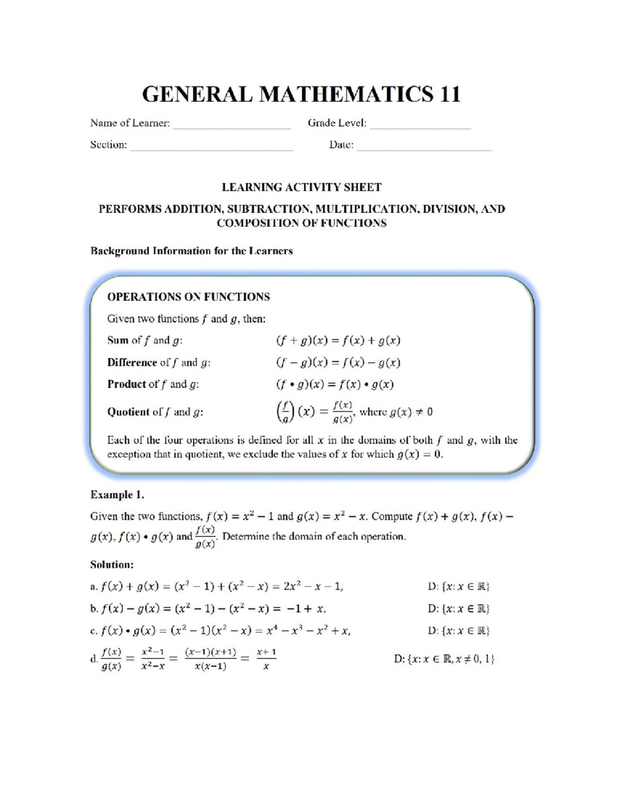 GEN MATH - Module 3: Operations and Composition of Functions - Studocu