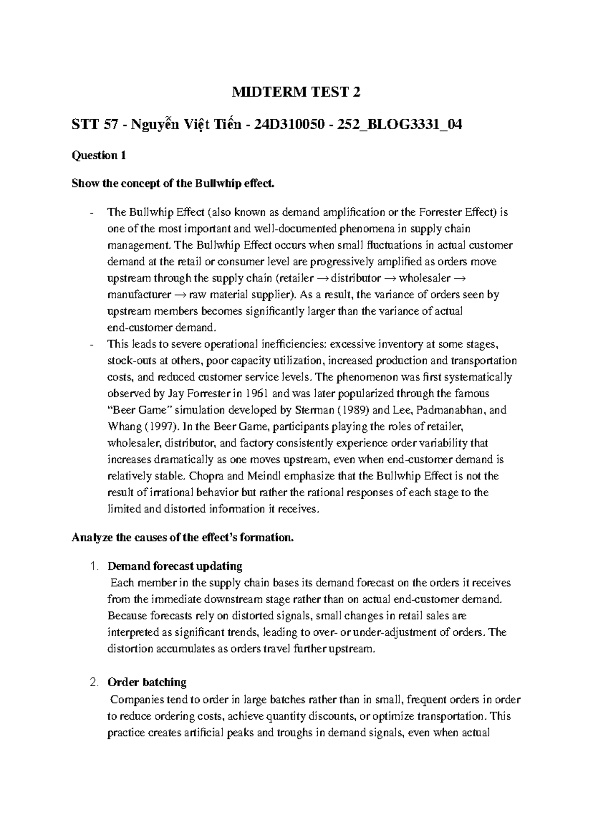 MIDTERM TEST 2 STT 57: Analyzing the Bullwhip Effect in Supply Chains ...