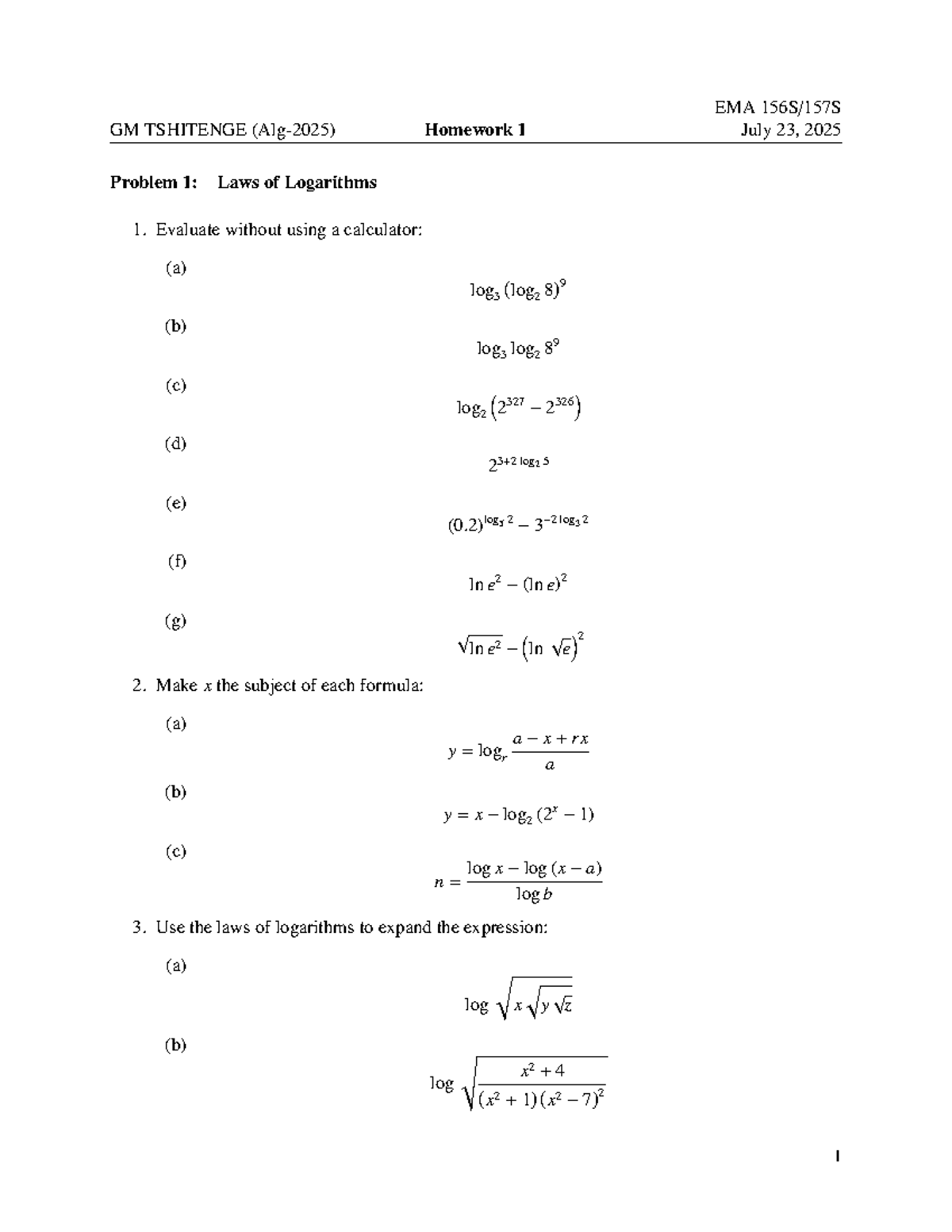 GM TSHITENGE Homework 1: Laws of Logarithms & Equations - Studocu