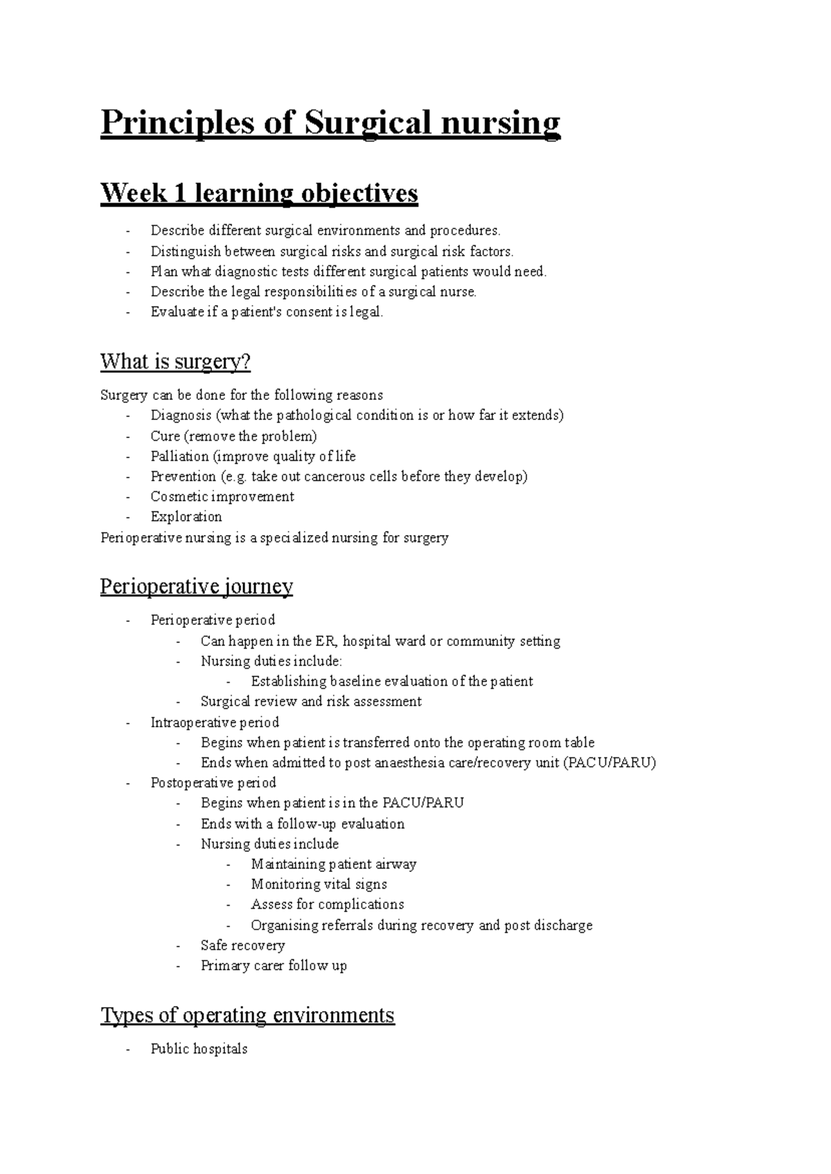 Principles of Surgical Nursing: Week 1 Learning Objectives - Studocu