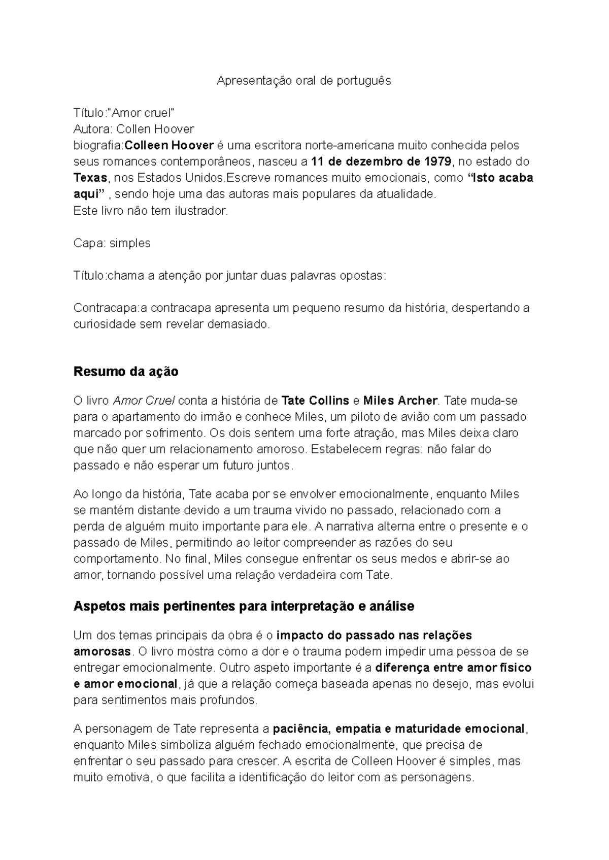 Apresentação Oral: Análise do Livro "Amor Cruel" de Colleen Hoover ...