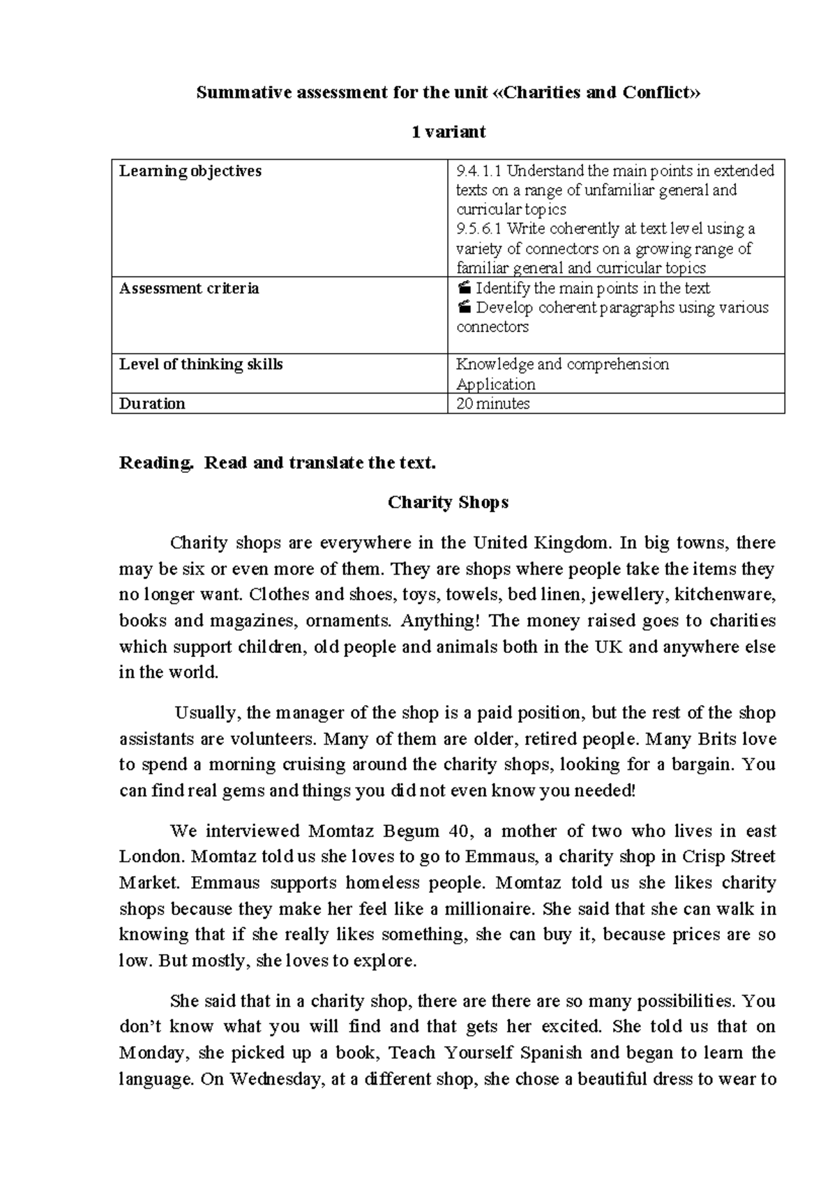 Summative Assessment Unit 2: Understanding Charity Shops - Studocu