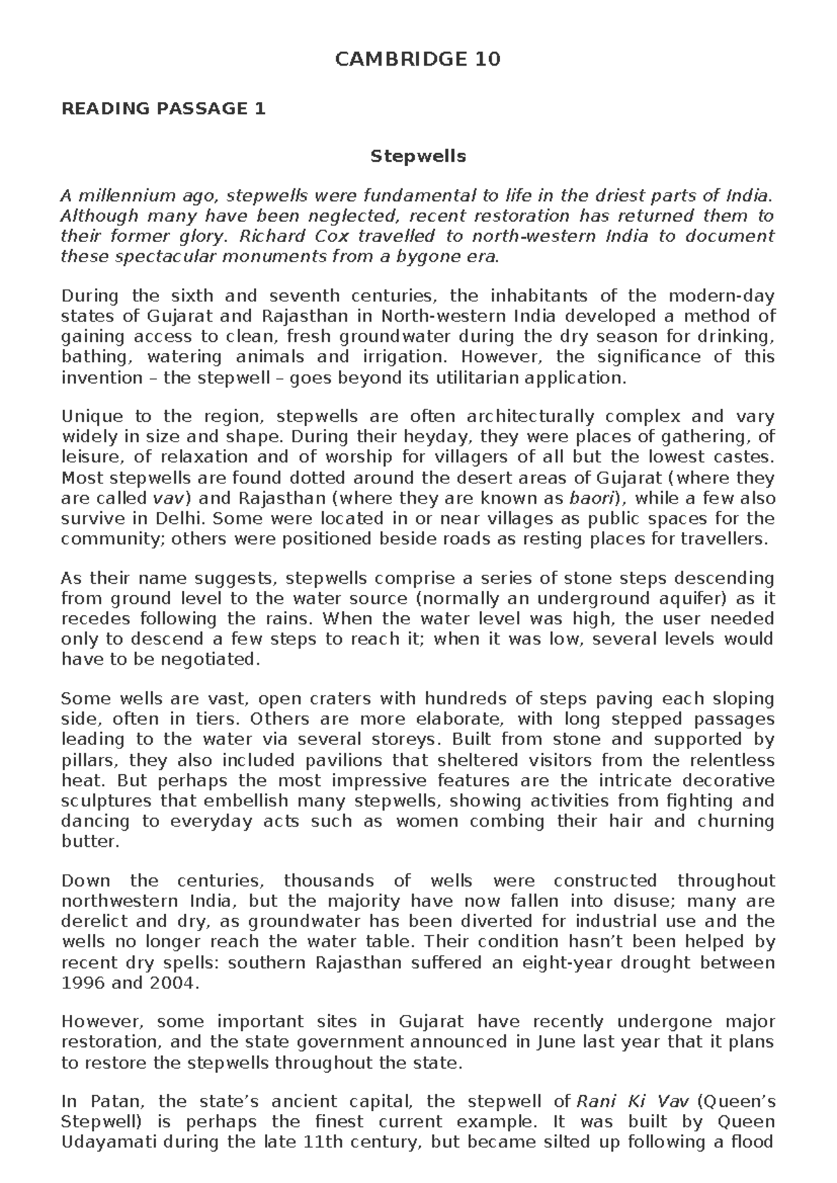 Cambridge 10 - IELTS Reading Passage 1: Stepwells in India - Studocu