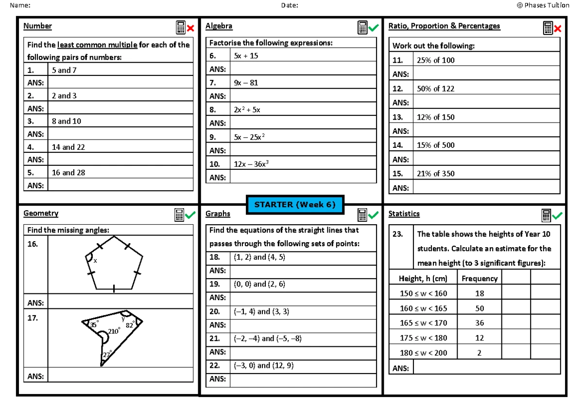 Worksheet - Starter Week 10 - GCSE Maths - Phases Tuition - Studocu