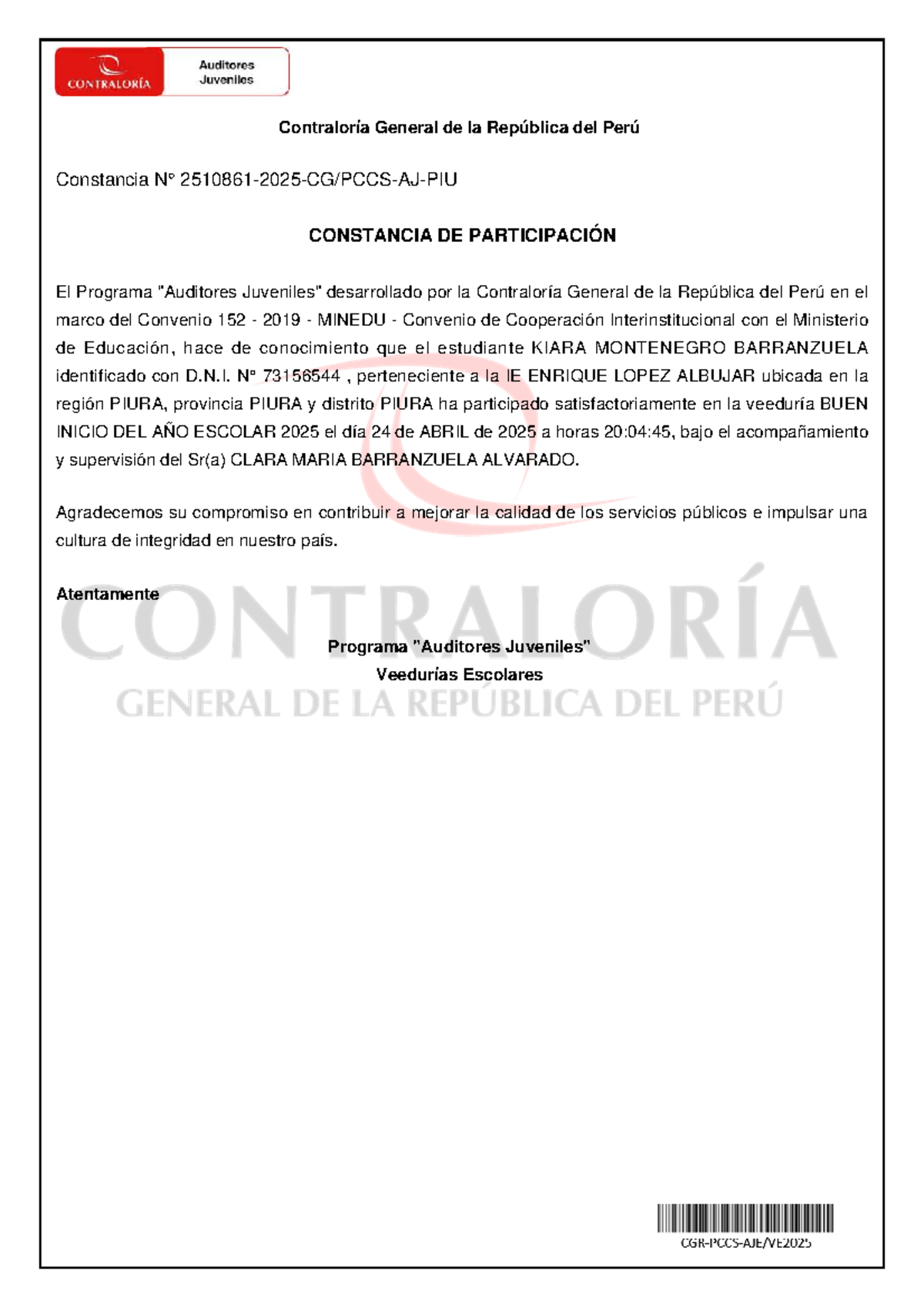 Constancia de Participación en Veeduría Escolar 2025 - MINEDU - Studocu