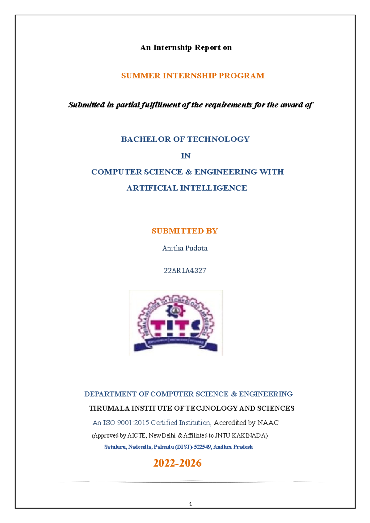Summer Internship Report: B.Tech CSE with AI - Anitha Pudota - Studocu