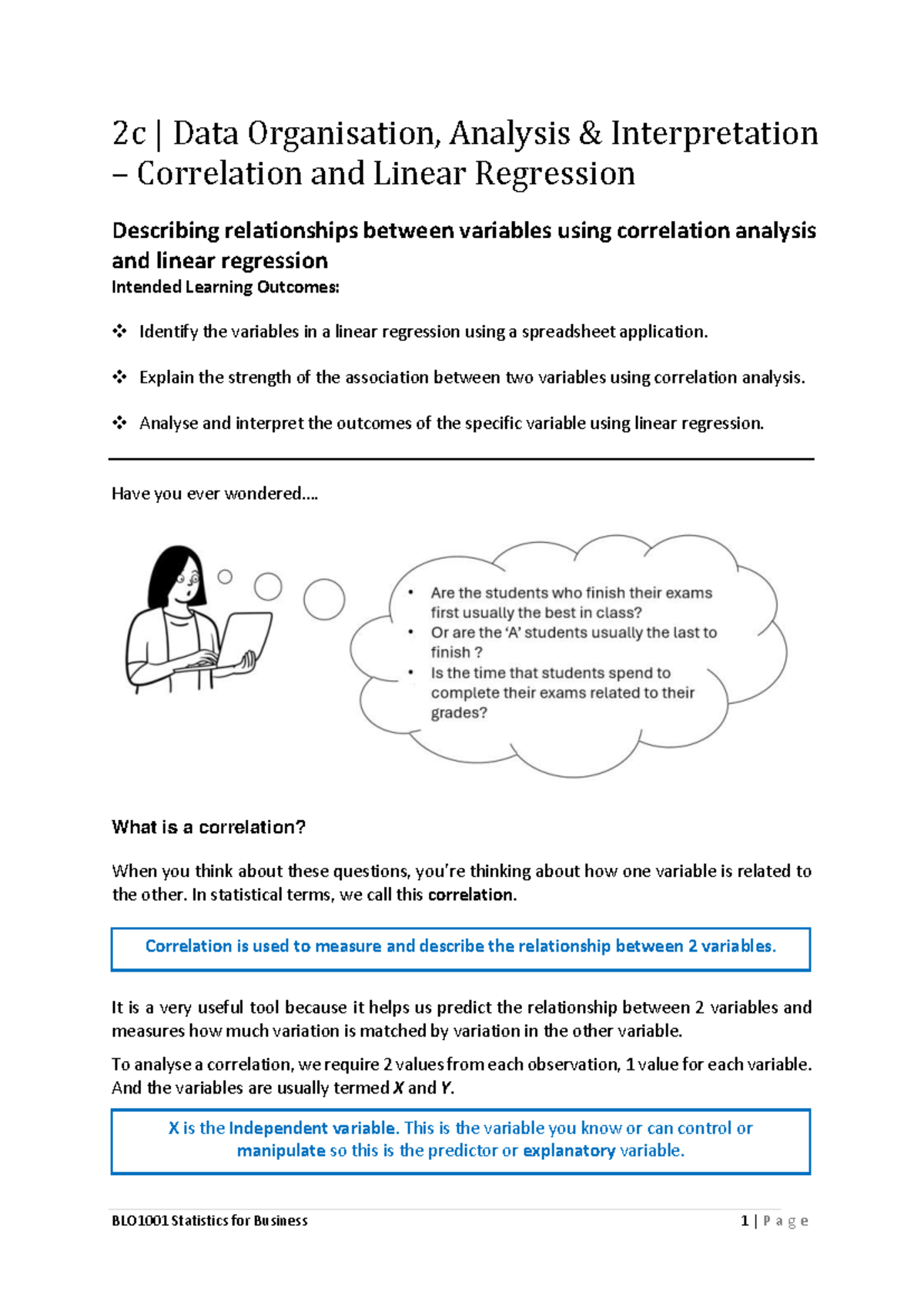 BLO1001 Topic 2c: Correlation & Linear Regression Student Notes - Studocu