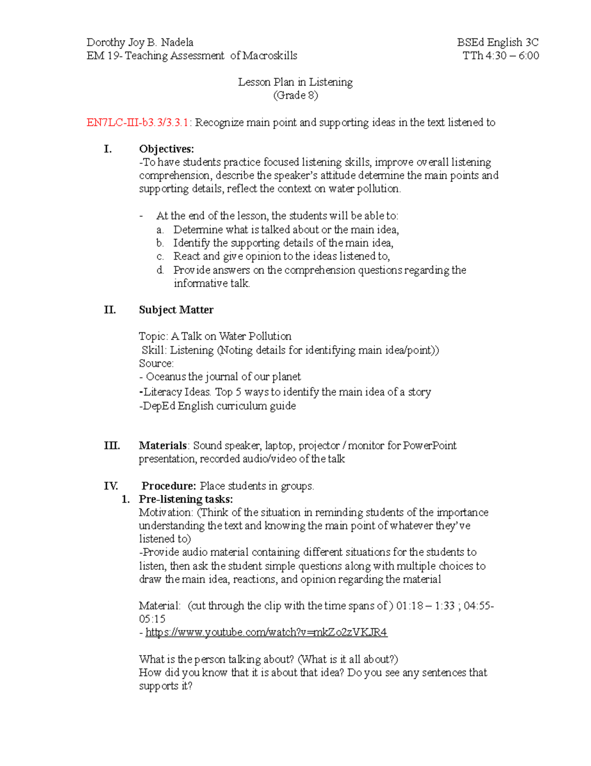 Listening Lesson Plan on Water Pollution (EM 19 Teaching Assessment ...