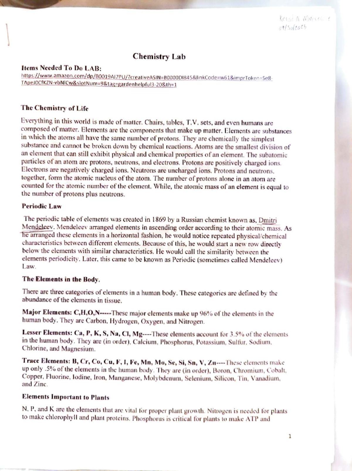 Chemistry Lab: The Chemistry of Life and Essential Elements - Studocu