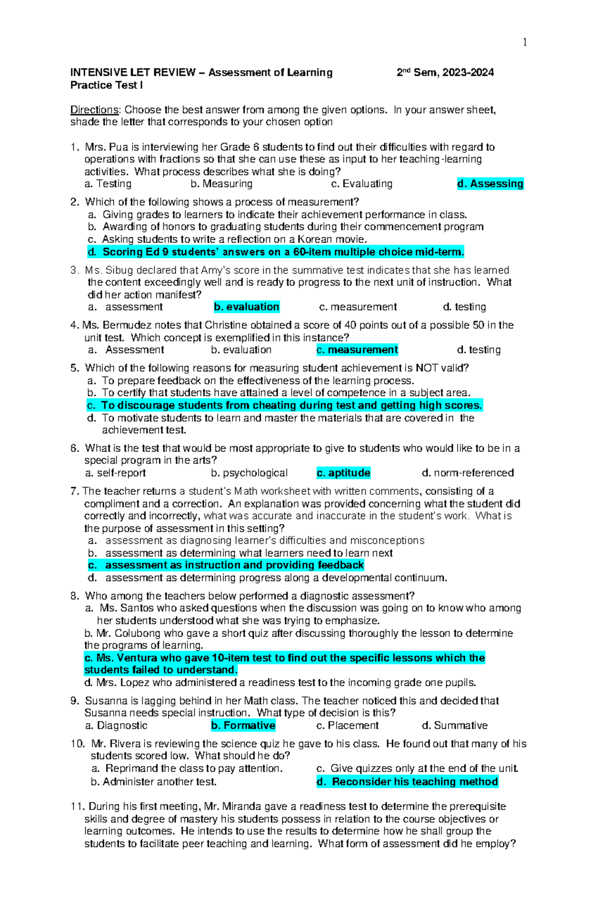 INTENSIVE LET REVIEW: Assessment of Learning Practice Test (2nd Sem ...