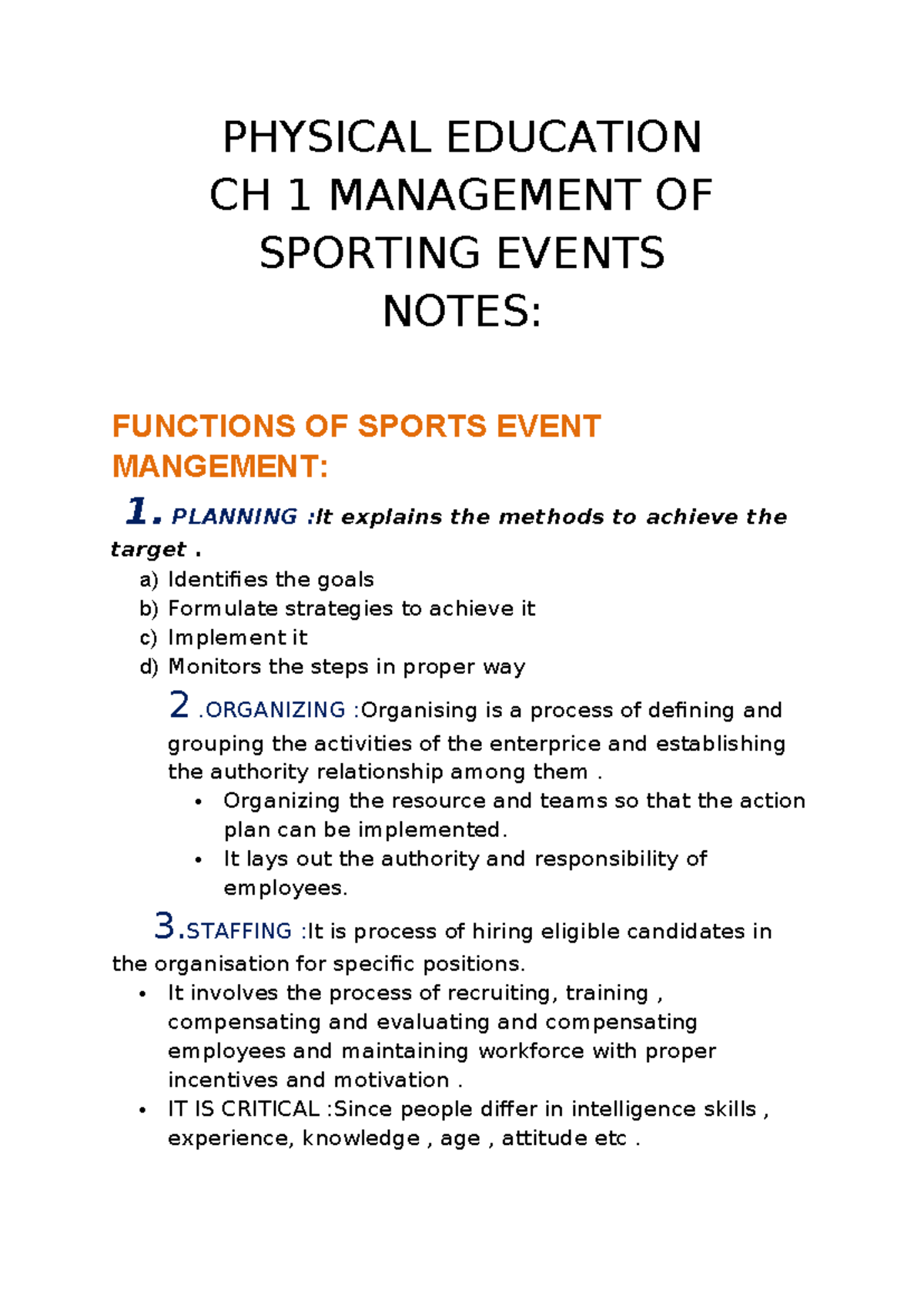 PHYSICAL EDUCATION CH 1: MANAGEMENT OF SPORTING EVENTS NOTES - Studocu