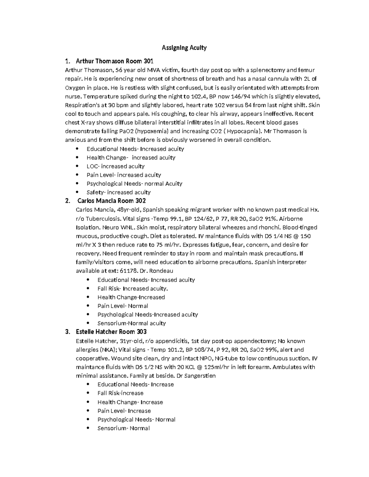 Swift River Interactive Lab: Patient Acuity Assignments and Scenarios - Studocu