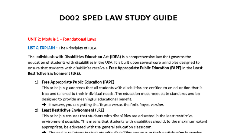 D002 SPED LAW STUDY GUIDE: Key Principles and Case Laws of IDEA - Studocu