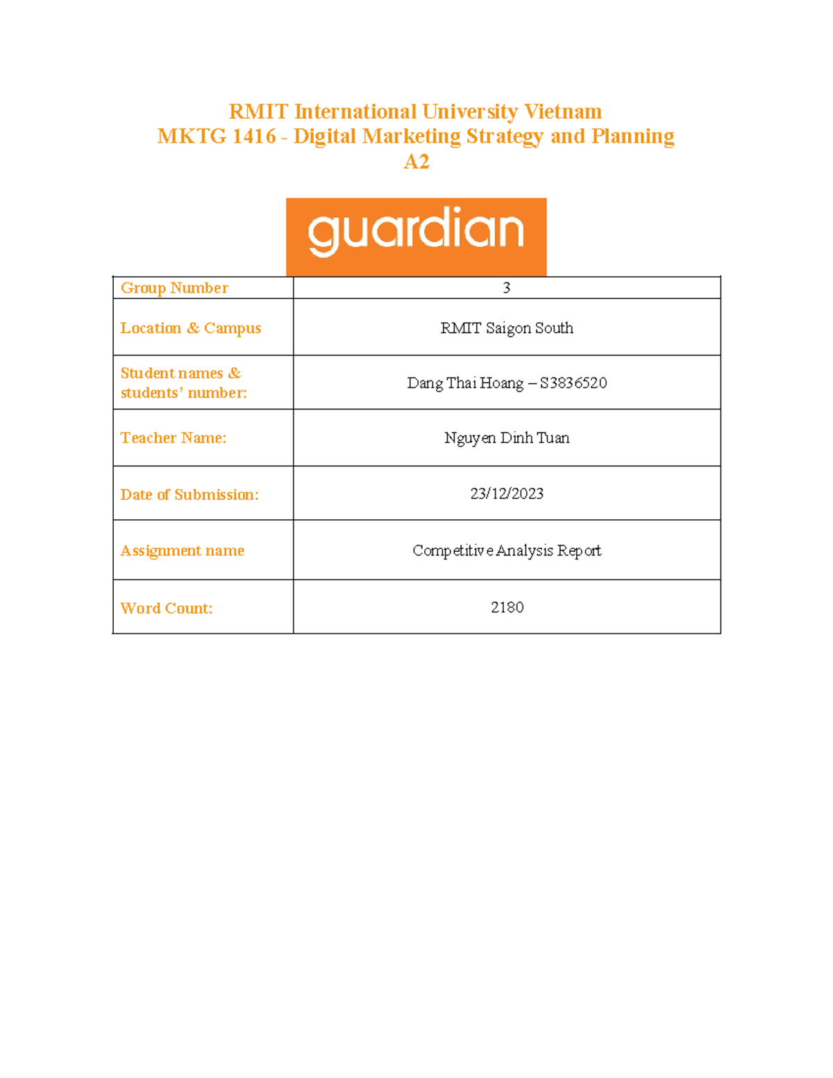 Assignment 2 - Competitive Analysis Report for MKTG 1416 by Dang Thai ...