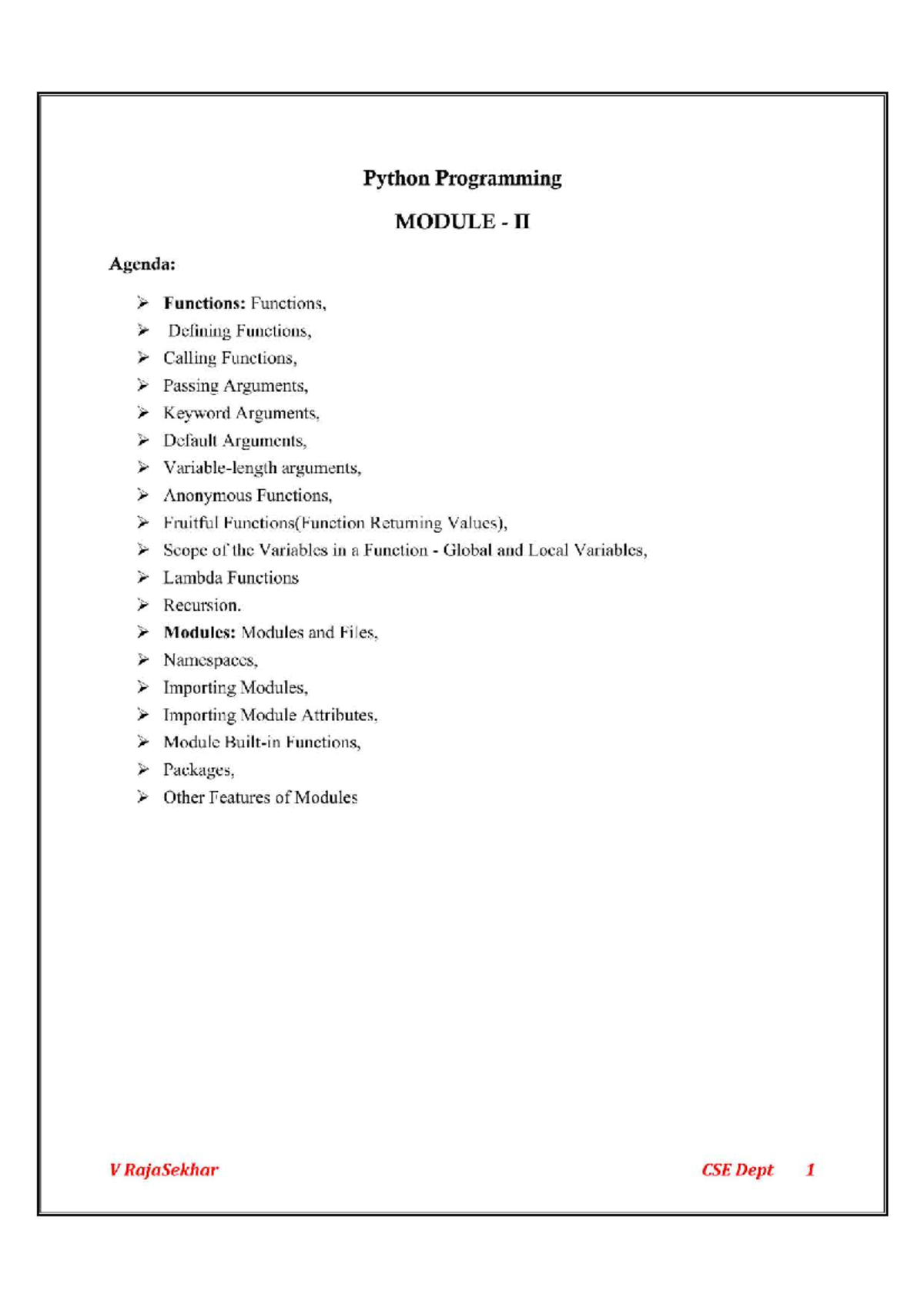 Python Programming CSE Module II: Functions and Modules Overview - Studocu