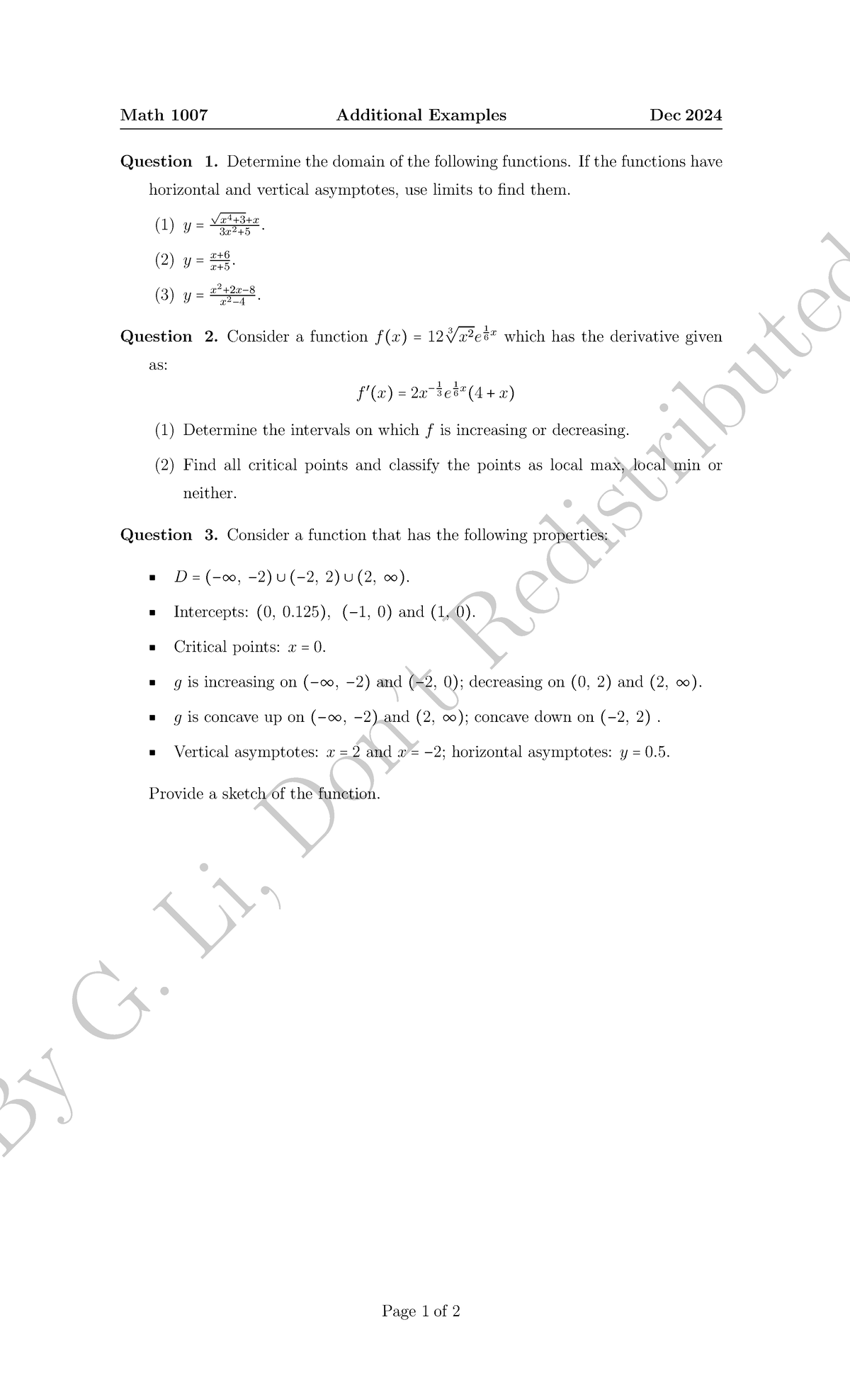 Additional examples - By G. Li, Don’t Redistributed Math 1007 ...
