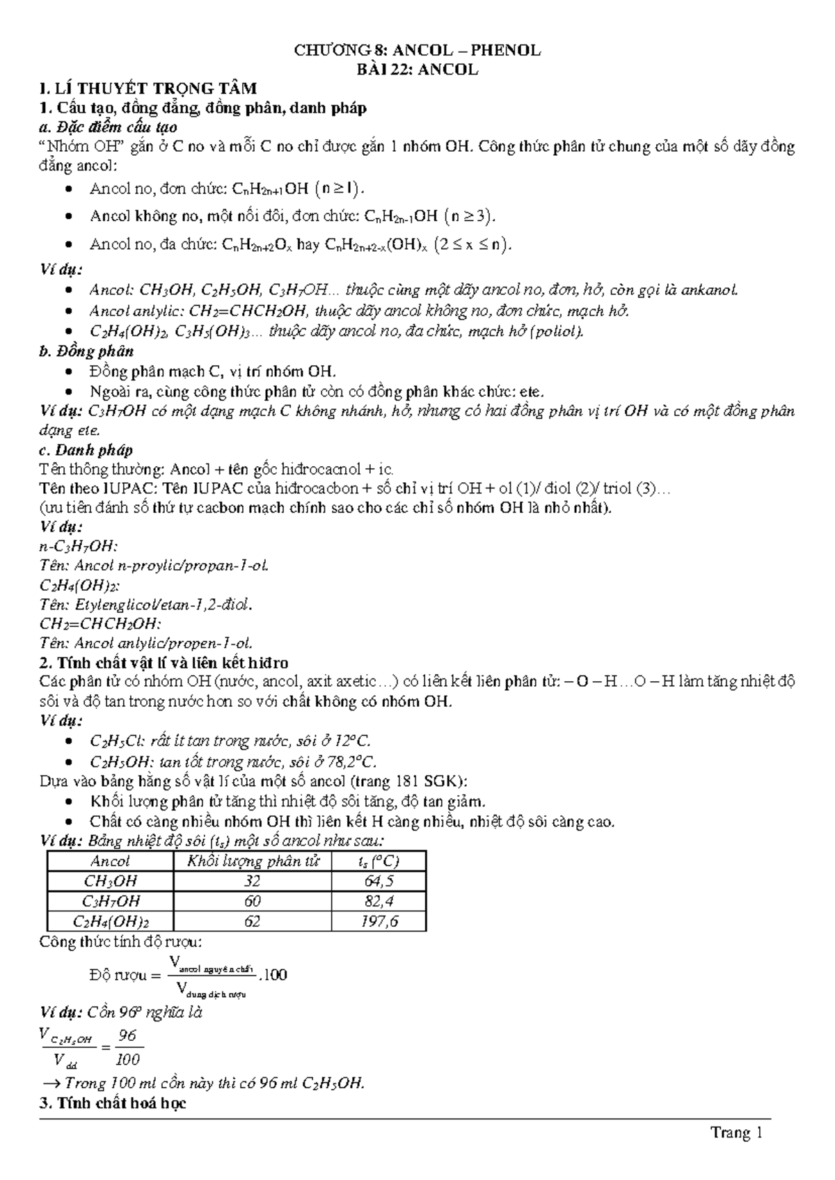 CHƯƠNG 8-ancol,phenol - Trang 1 CHƯƠNG 8 : ANCOL – PHENOL BÀI 22: ANCOL ...