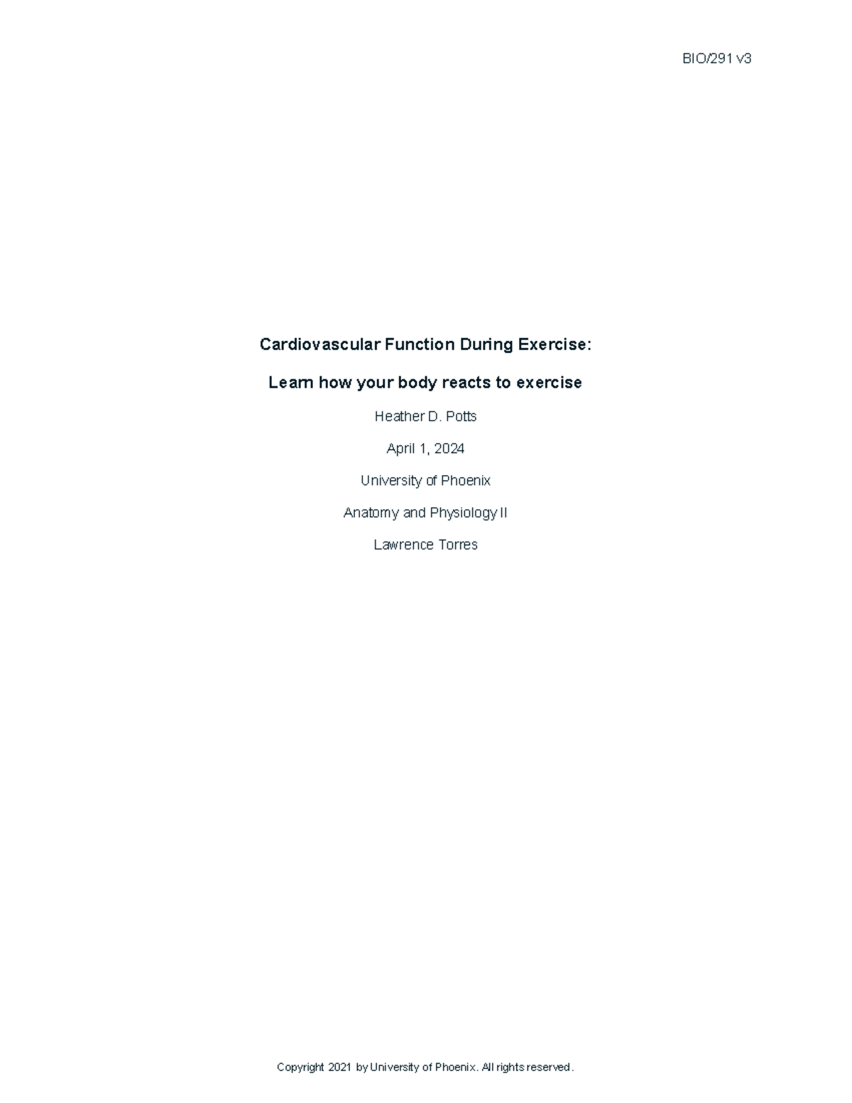 BIO/291 v Lab Report: Cardiovascular Function During Exercise Analysis - Studocu