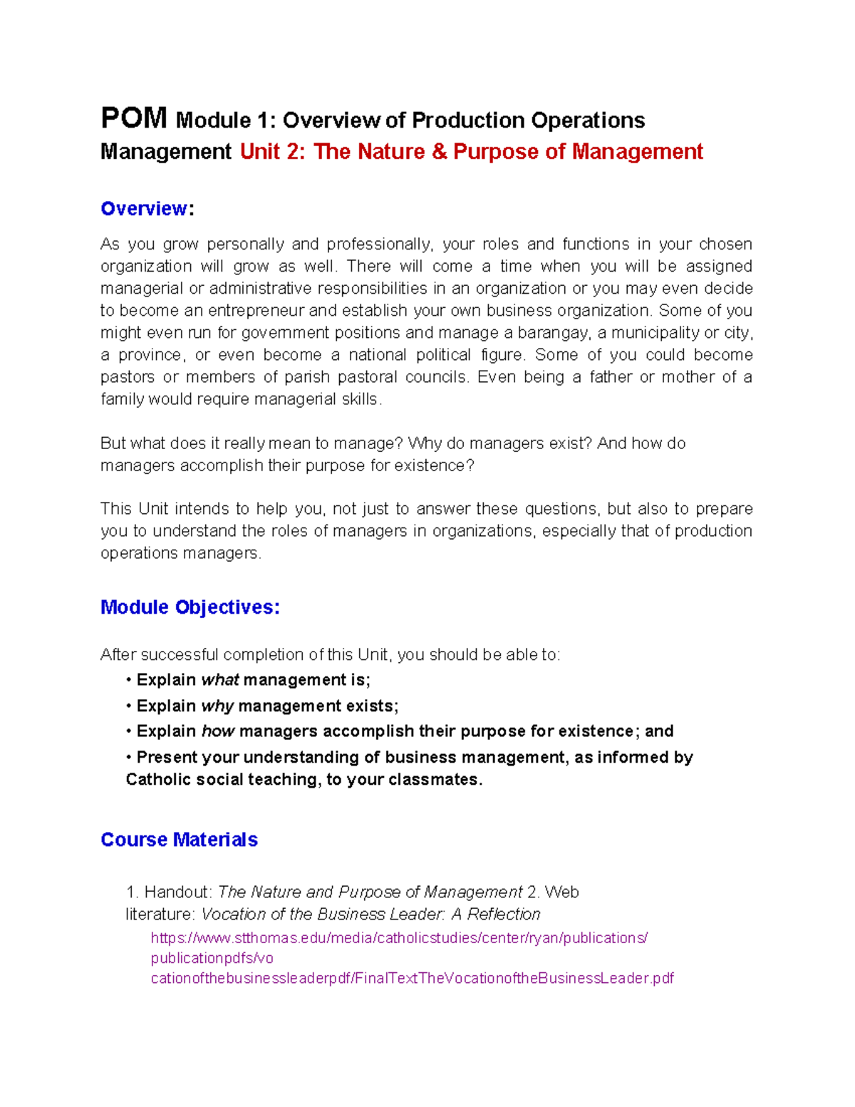 POM - pom - POM Module 1: Overview of Production Operations Management Unit 2: The Nature ...