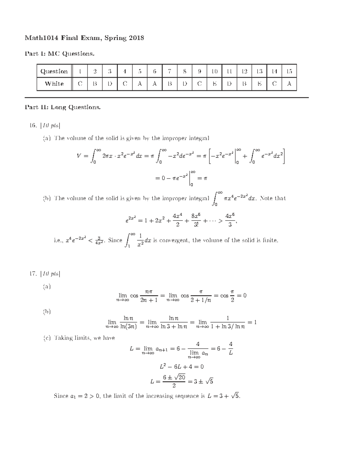 Math1014 Final Exam Spring 2018 Answers: MC & Long Questions - Studocu