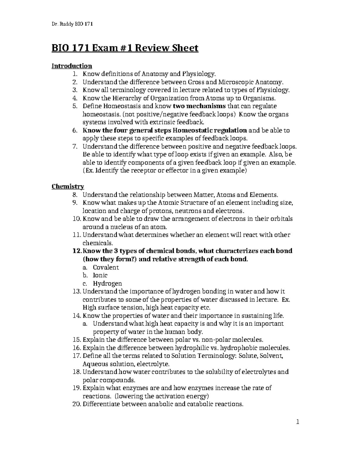 BIO 171 Exam #1 Review Sheet: Anatomy, Physiology & Chemistry - Studocu