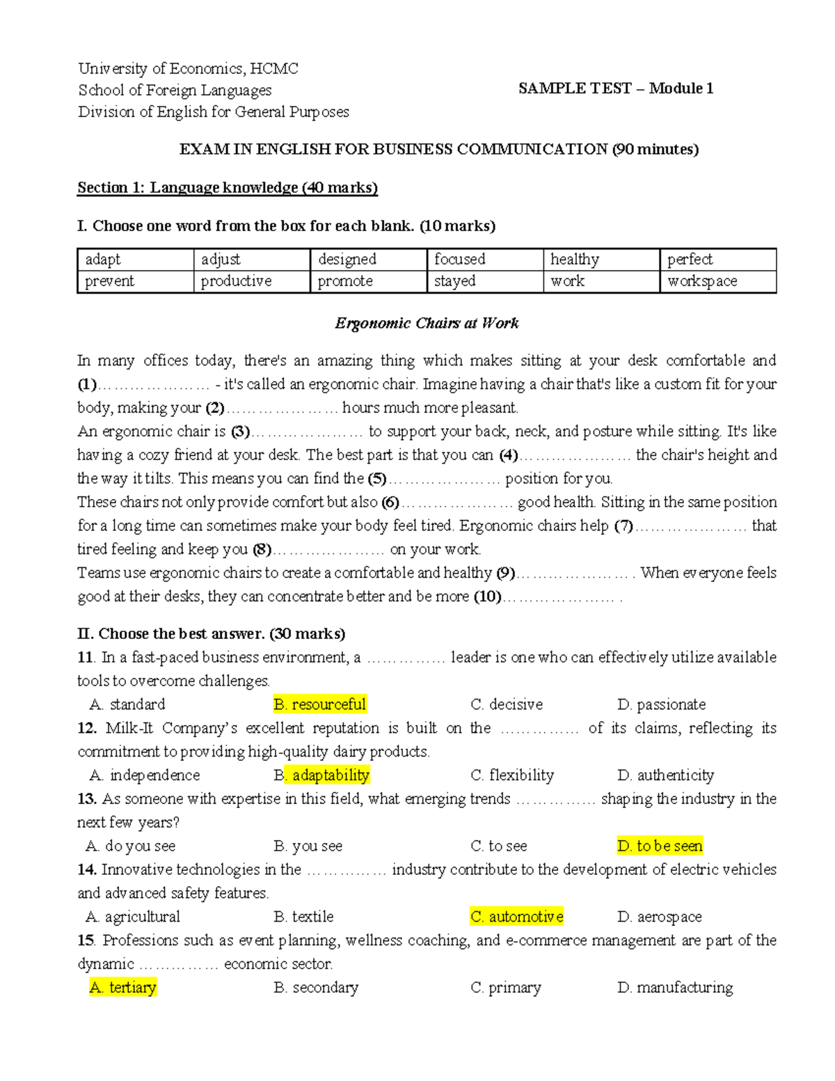 2024 Sample Test Module 1: Exam in English for Business Communication ...