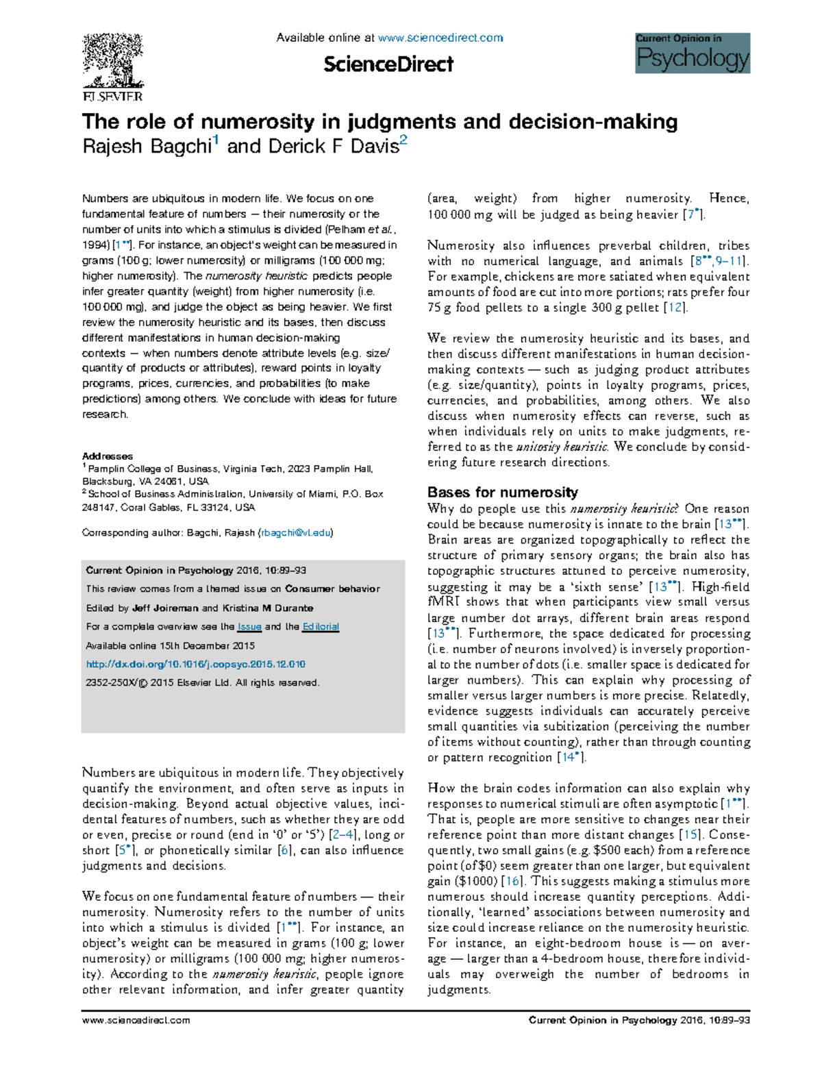 The Influence of Numerosity on Judgments and Decision-Making in ...